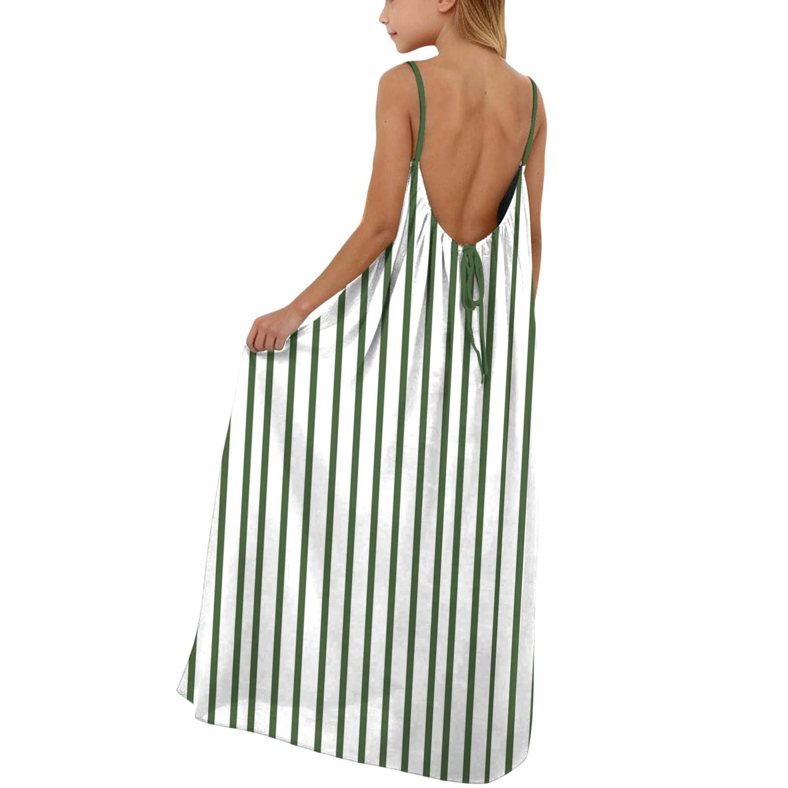 Favoffer Girls Kids Stripe Print Cami Maxi Dress Back Drawstring Loose ...