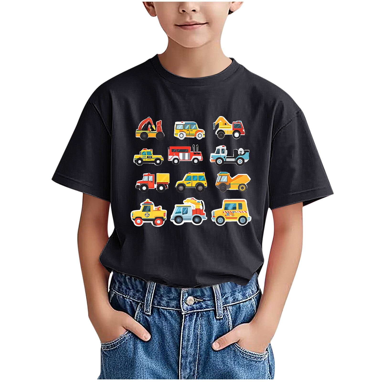 Favoffer Summer Unisex Kids Multicolor Excavator/Shark Graphic Round ...