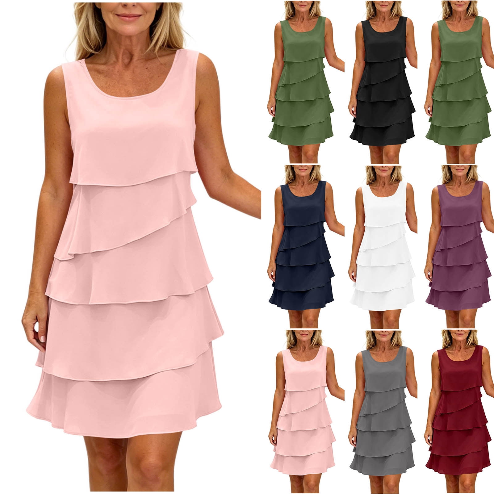 Favoffer Tank Dresses for Women Chiffon Round-Neck Sleeveless Solid ...