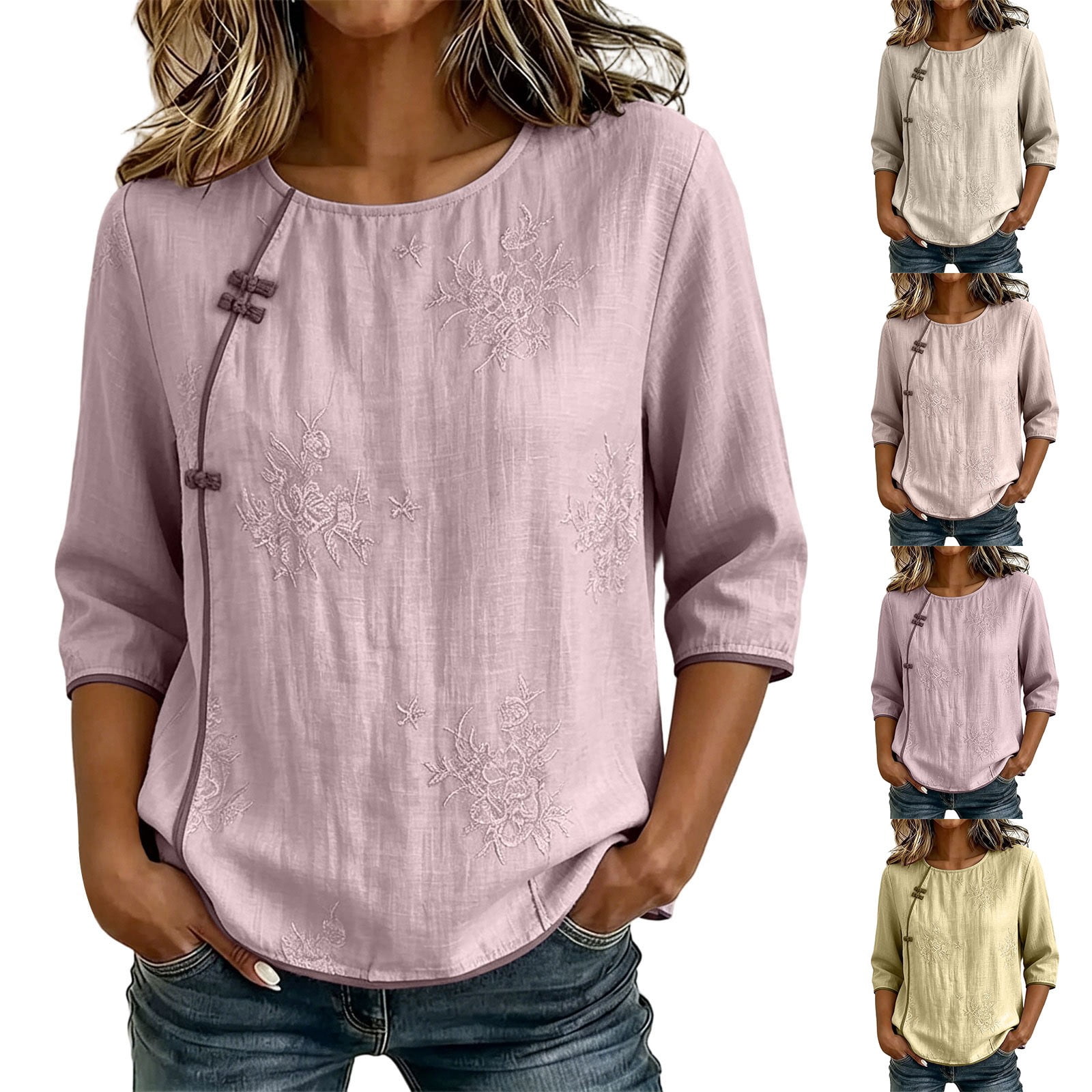 Favoffer Women's Linen Blouses Lapel Neck Short Sleeve Button Closure ...