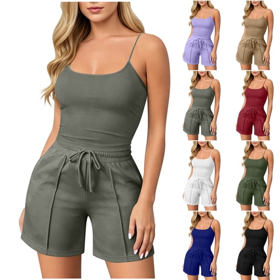 Favoffer Womens 2 Piece Sets Adjustable Strap Cami Top Elastic Waist ...
