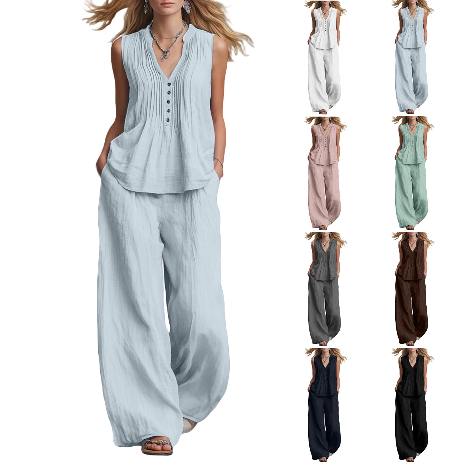 Favoffer Womens 2 Piece Sets Sleeveless V Neck Top Pocket Casual Shorts ...