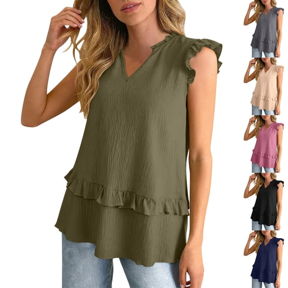 Favoffer Womens Ruffled V-Neck Sleeveless Tops Summer Casual Solid ...