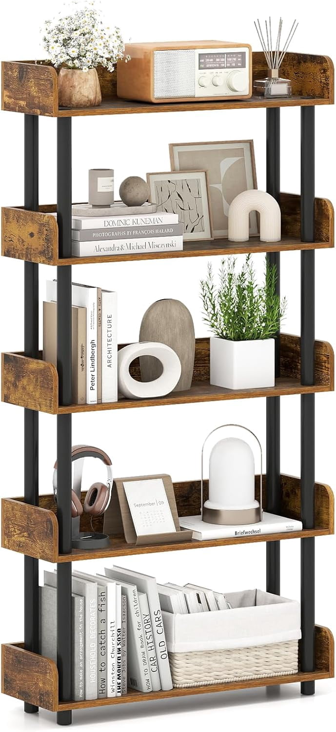 Favory 5-Tier Bookshelf, Freestanding Bookcase with Anti-Tipping Kit ...
