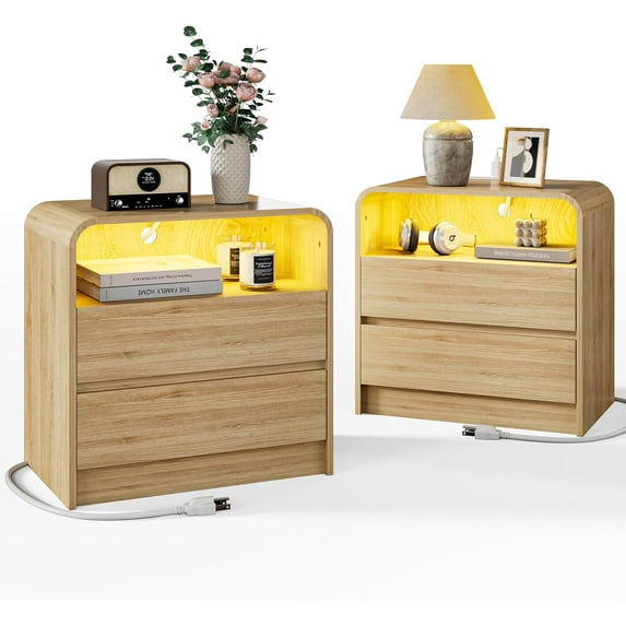 FavourLife Night Stand Set 2, Led Nightstands Set of 2, Handleless 2 ...