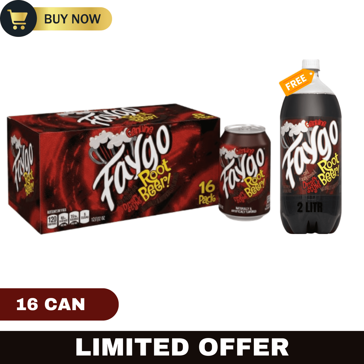 Faygo Root Beer Draft Style – 16 Cans (12 fl oz) + FREE 2 Liter Bottle ...