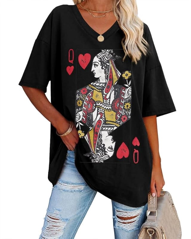 Fazortev Womens Oversized Queen Of Hearts Graphic T Shirts Casual V ...