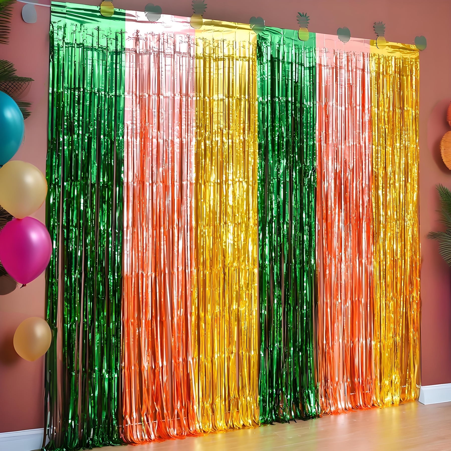 Fbasport Hawaiian Luau Decor - 2Pack 3.3x6.6ft Tropical Foil Curtains | Green/Brown/Yellow Beach ...