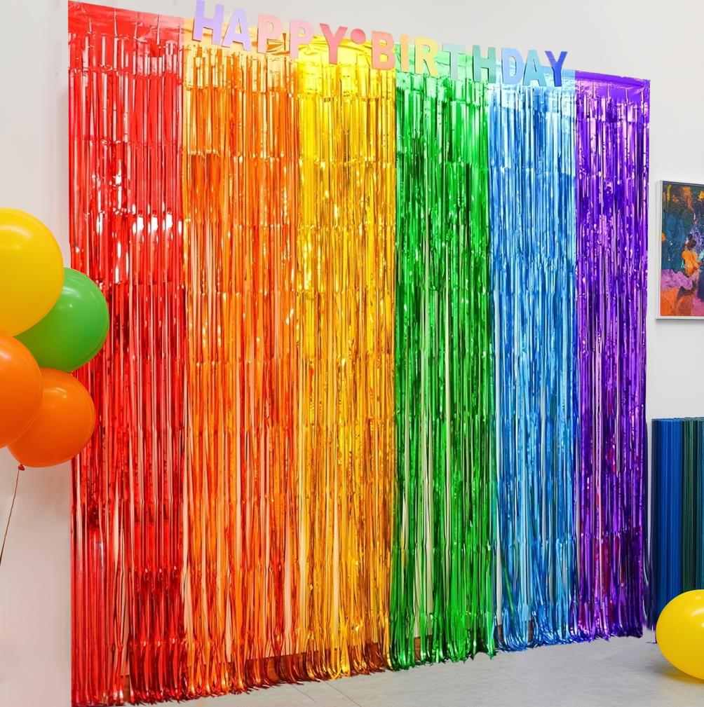Fbasport Rainbow Foil Fringe Curtains 4pk, 3.3x6.6ft Metallic Backdrop ...