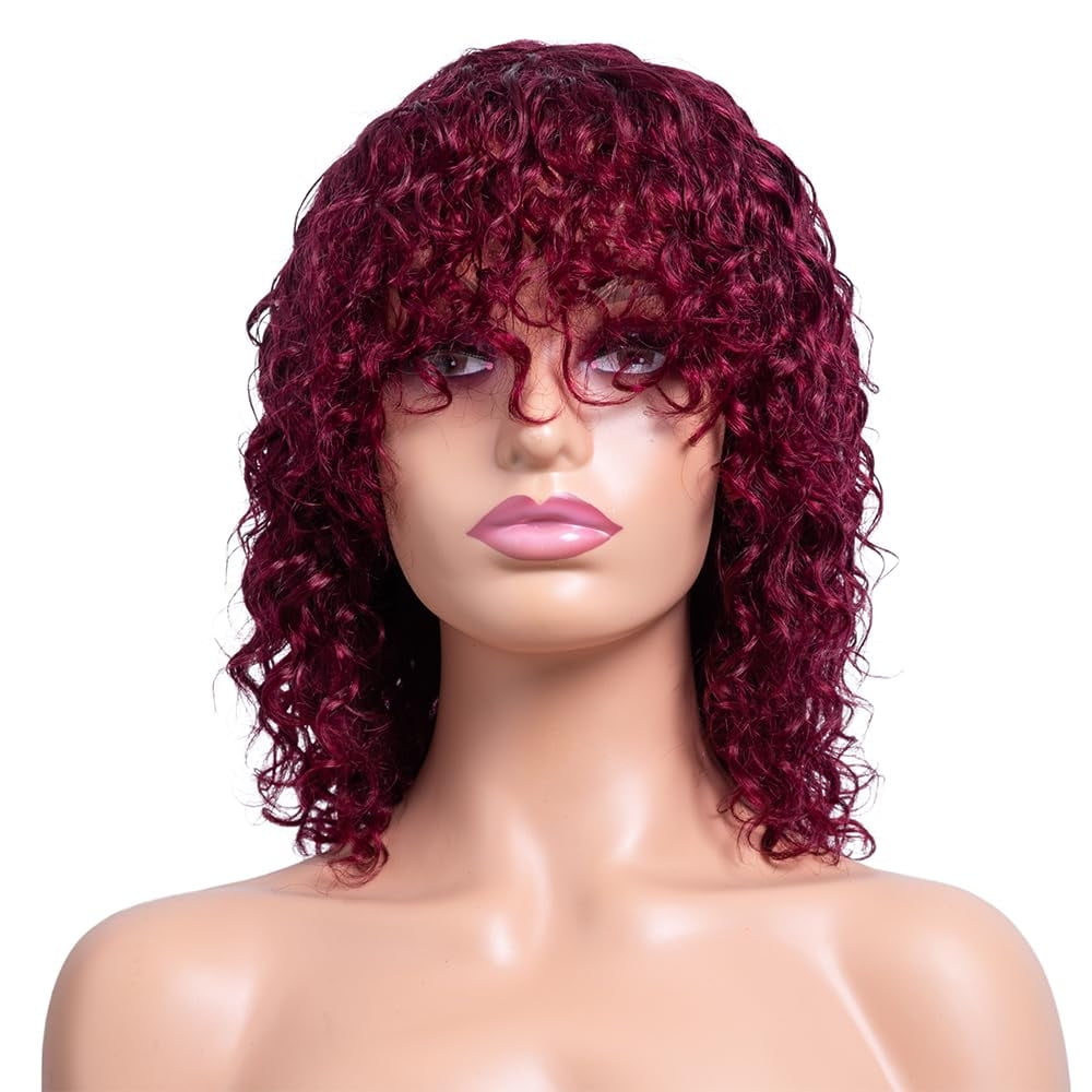 FcBaudy Lace Front Wigs Human Hair Women's Wine Red Short Curly Hair ...