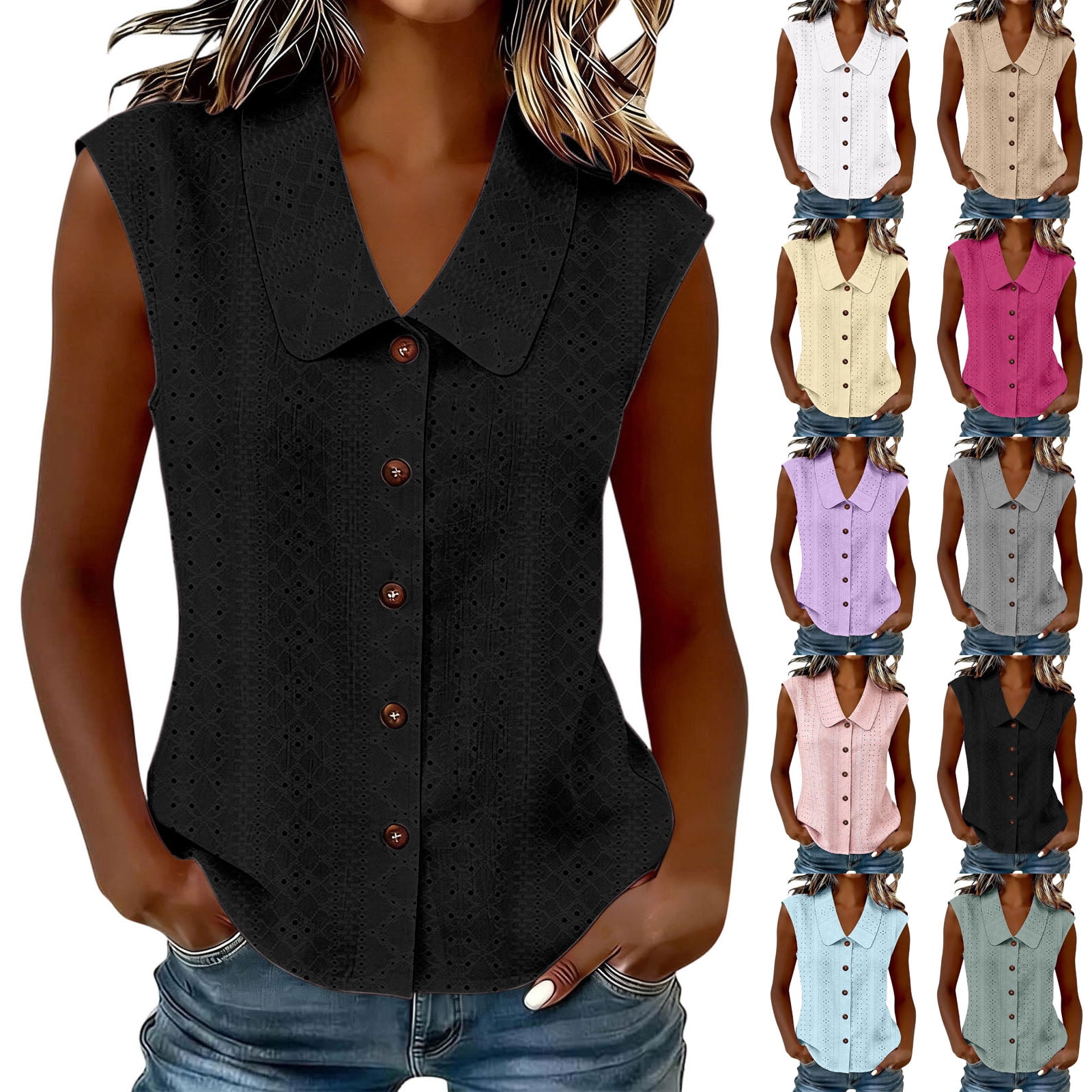 FchengtaiS Button Down Sleeveless Shirts Women Peter Pan Collar Eyelet ...