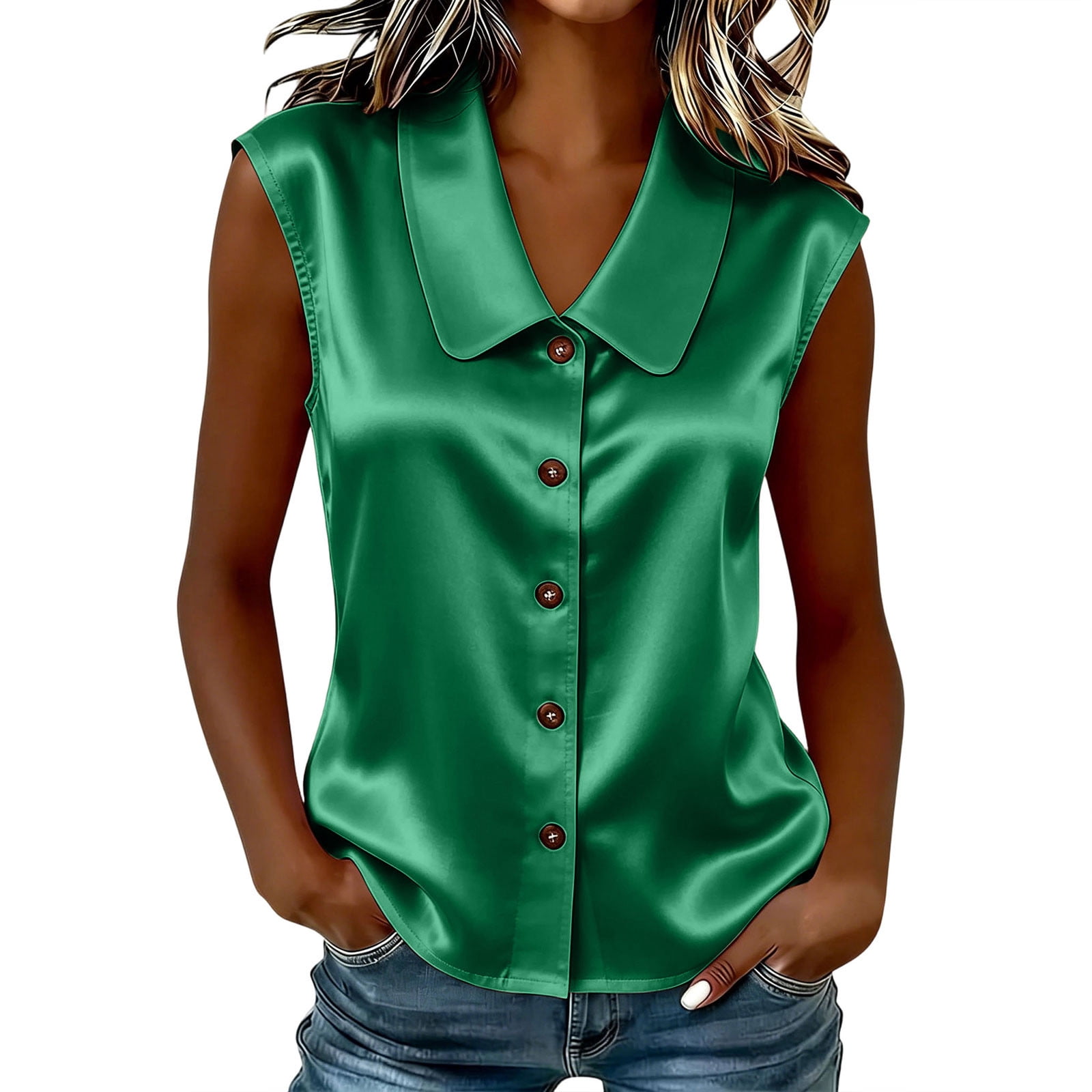 FchengtaiS Button Down Sleeveless Shirts Women Peter Pan Collar Satin ...