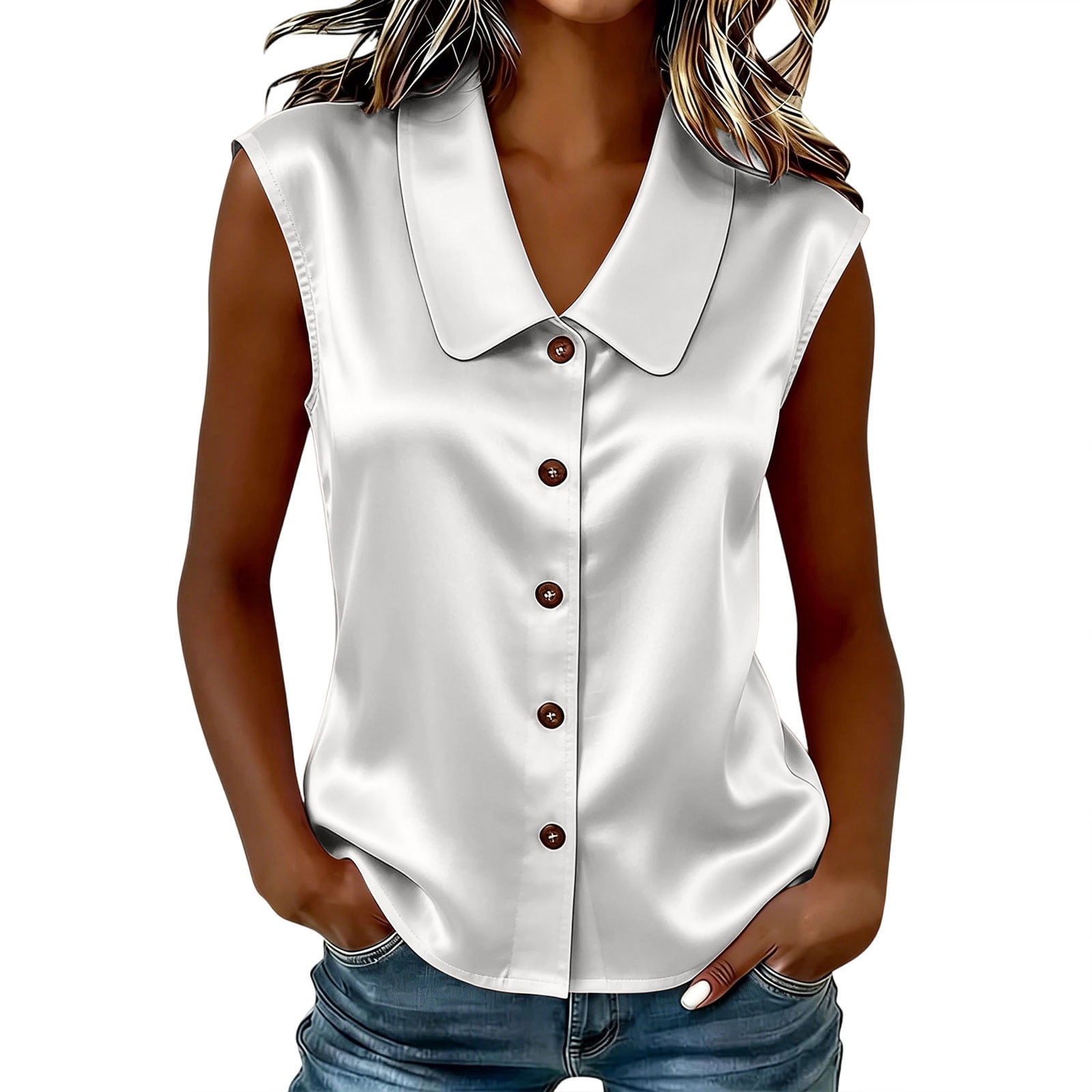 FchengtaiS Button Down Sleeveless Shirts Women Peter Pan Collar Satin ...