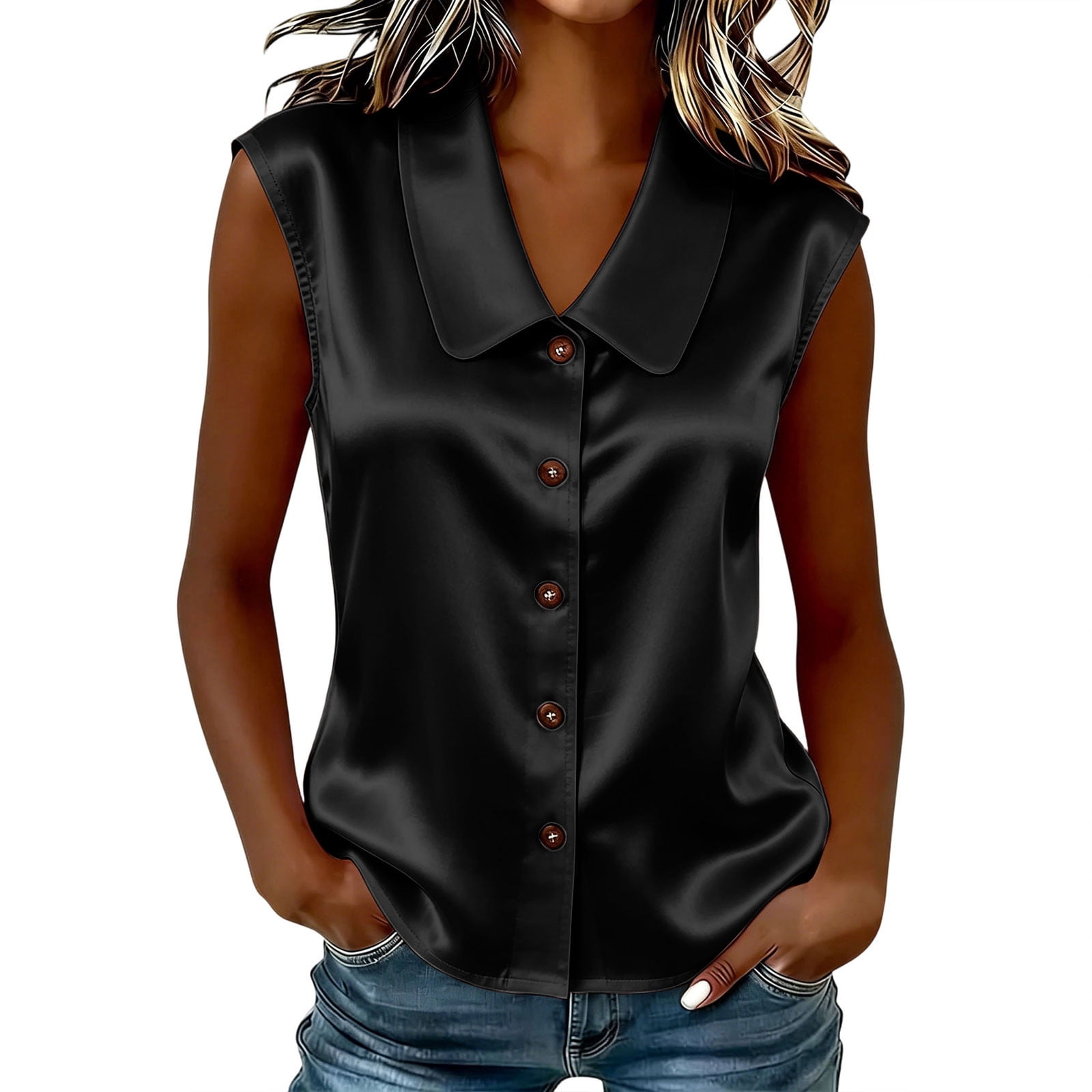 FchengtaiS Button Down Sleeveless Shirts Women Peter Pan Collar Satin ...