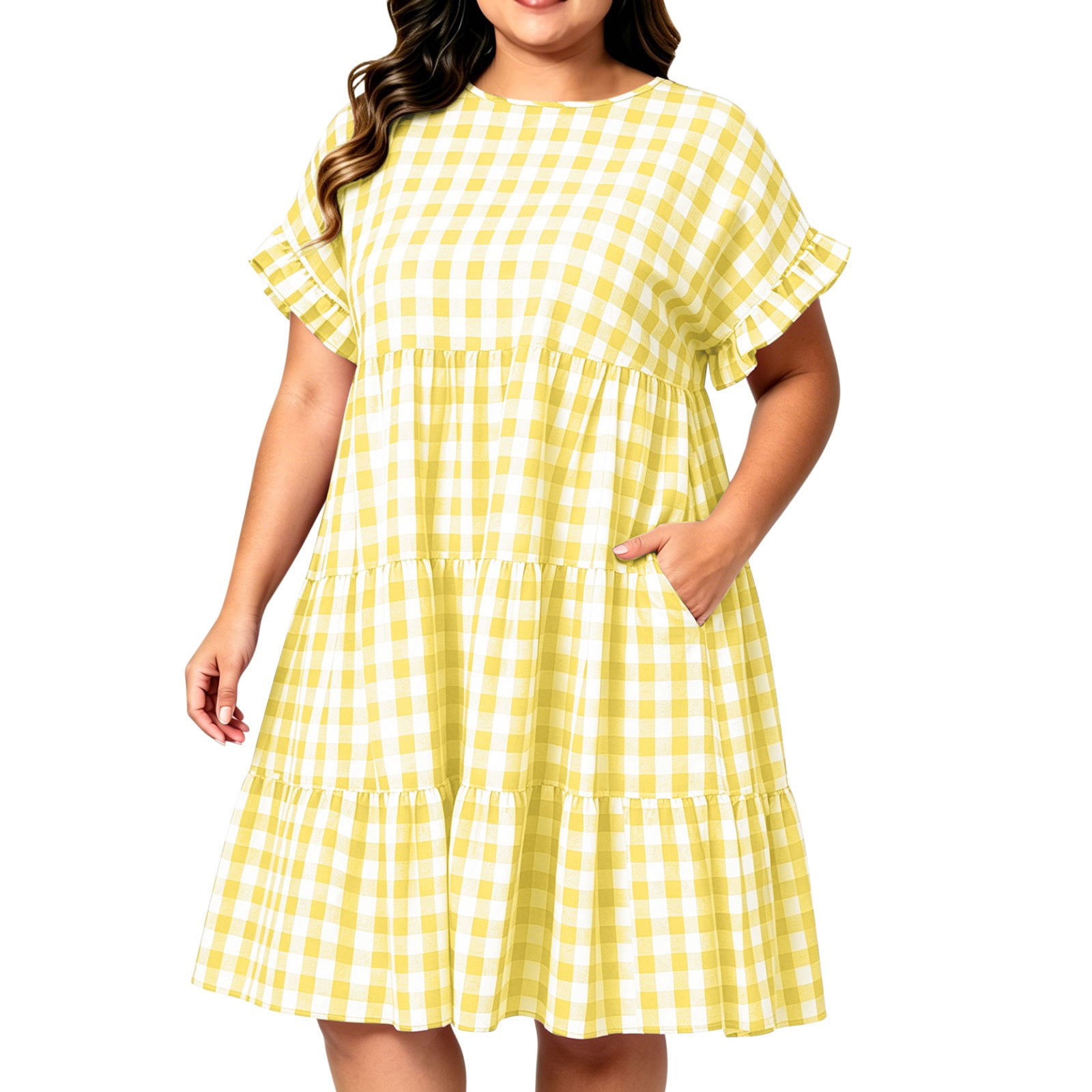 FchengtaiS Plus Size Summer Plaid Dresses for Women Crew Neck Ruffle ...