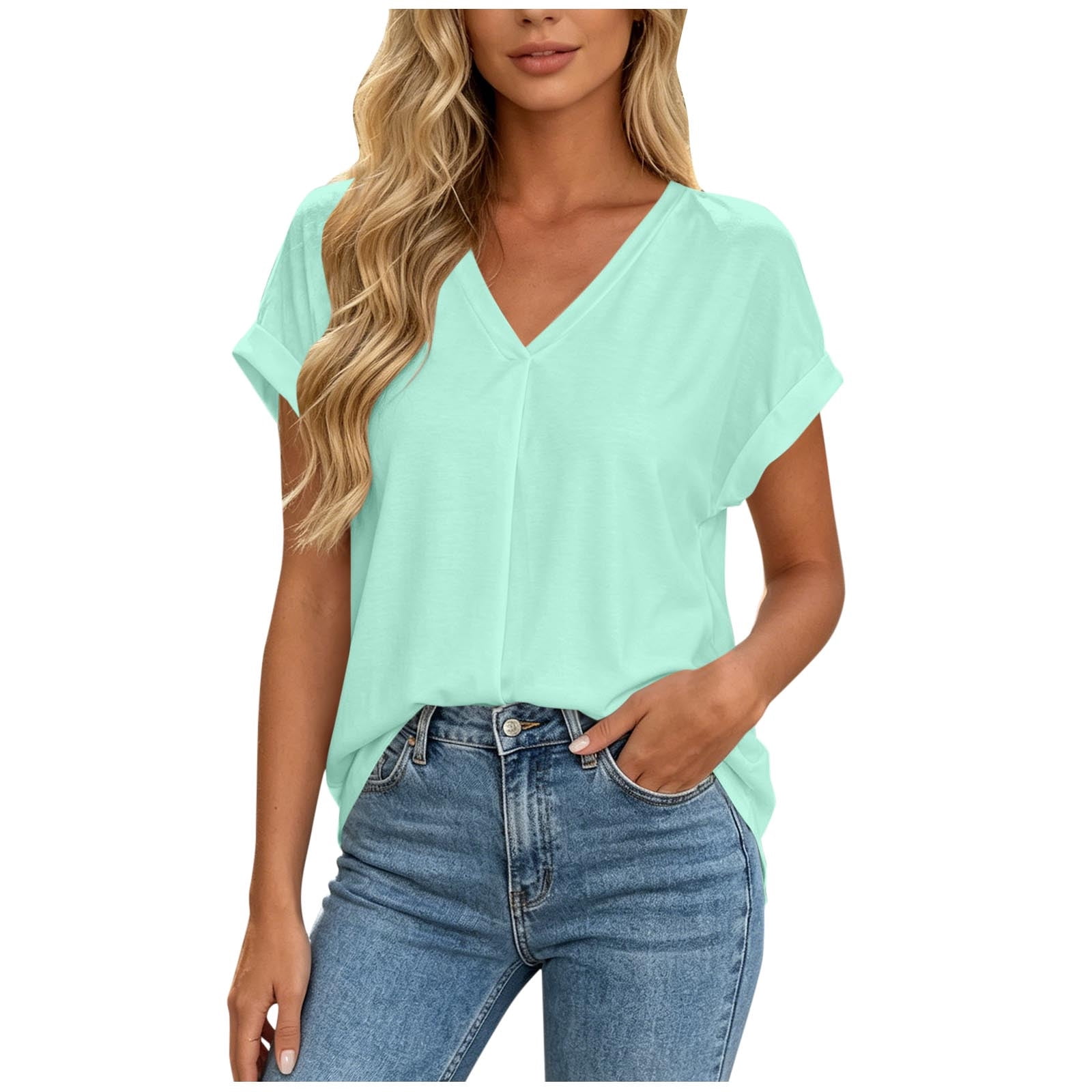 FchengtaiS Women's Back Pleated Tops Summer V Neck Short Sleeve T ...