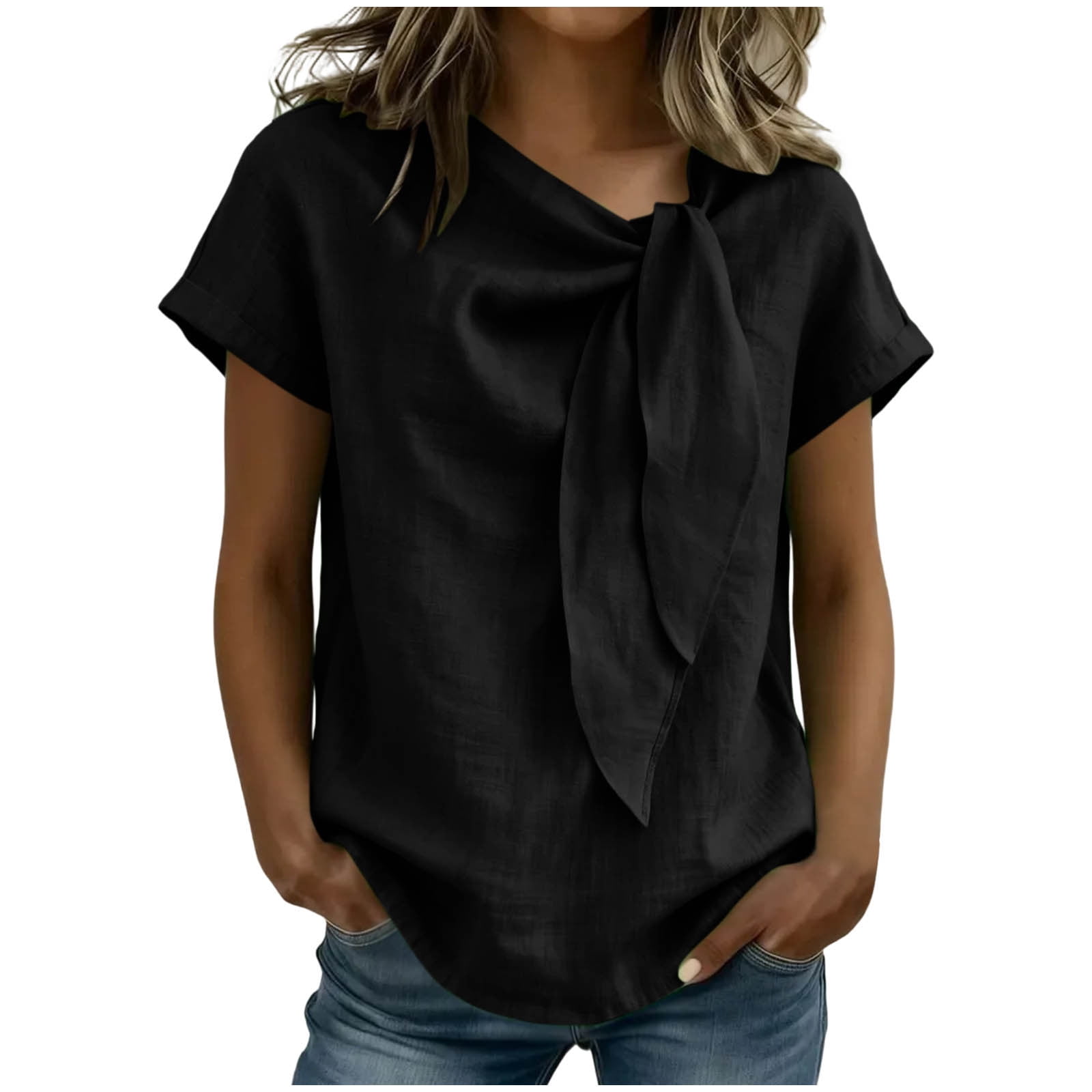 FchengtaiS Women's Short Sleeve Business Casual Shirts Elegant Knot ...