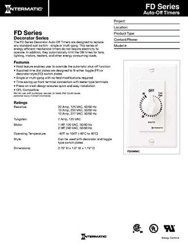 Fd460Mw 60 Minute Spring Loaded Wall Timer For Lights And Fans, White ...