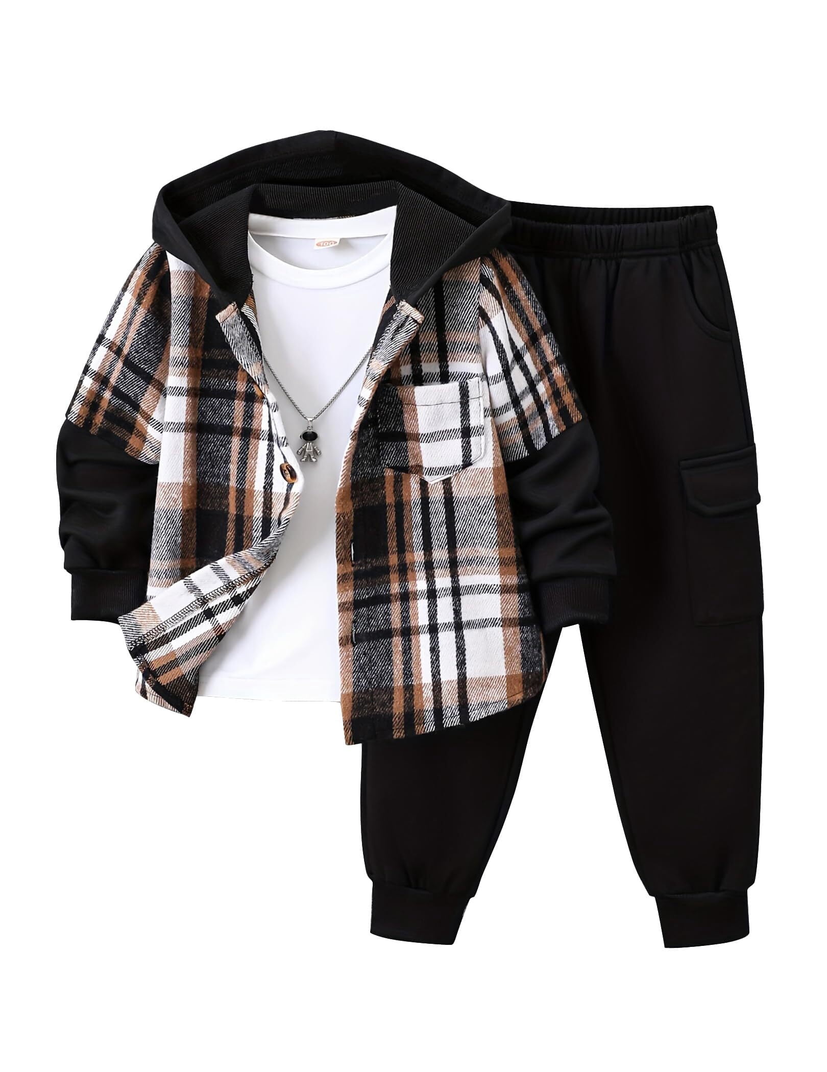 Fdqin Boys Outfit Sets 2Pcs Flannel Plaid Shirt and Pants Set Hoodie ...