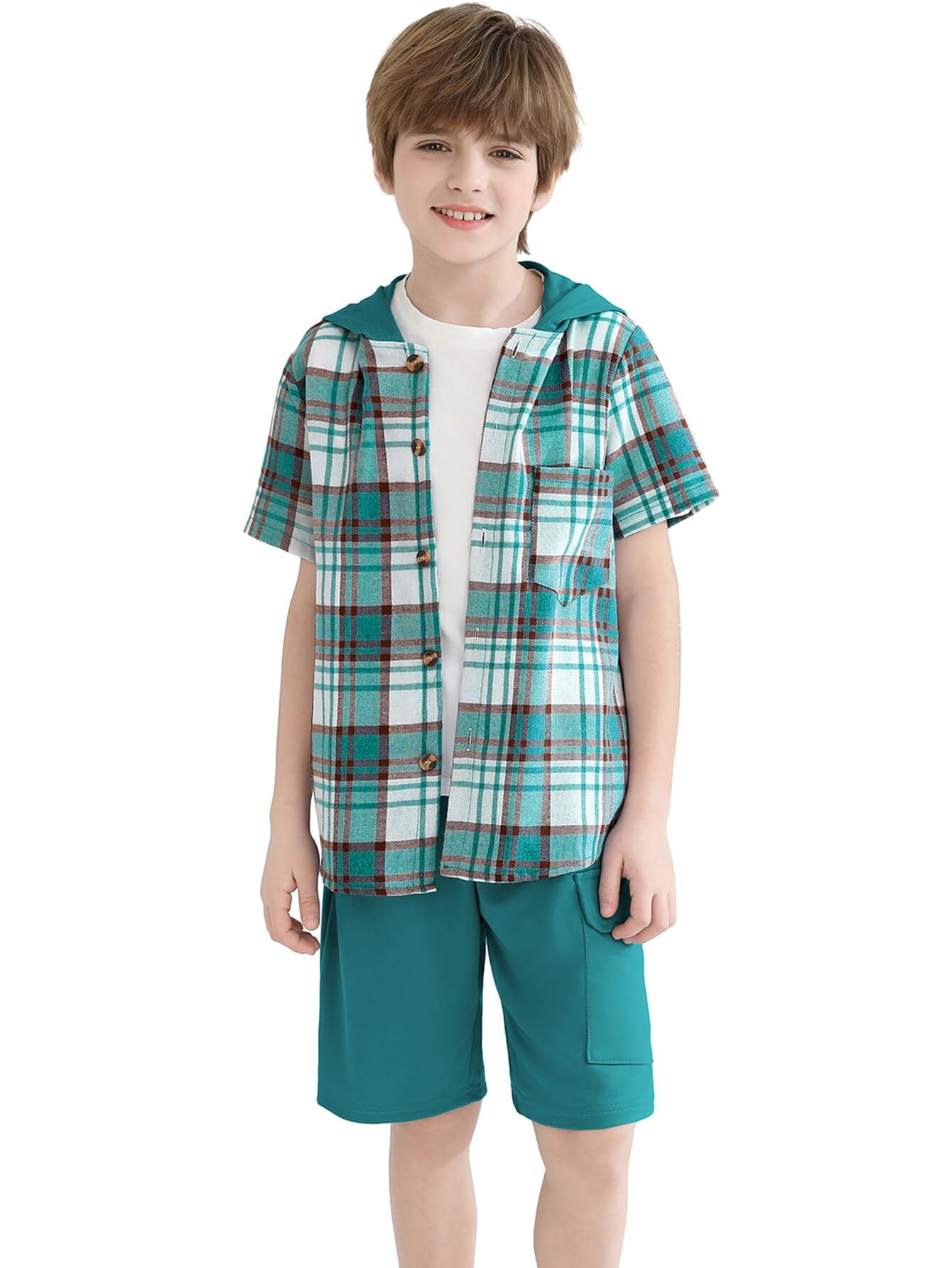 Fdqin Boys Shorts Sets 2Pcs Plaid Short Sleeve Hooded Button Shirt and ...