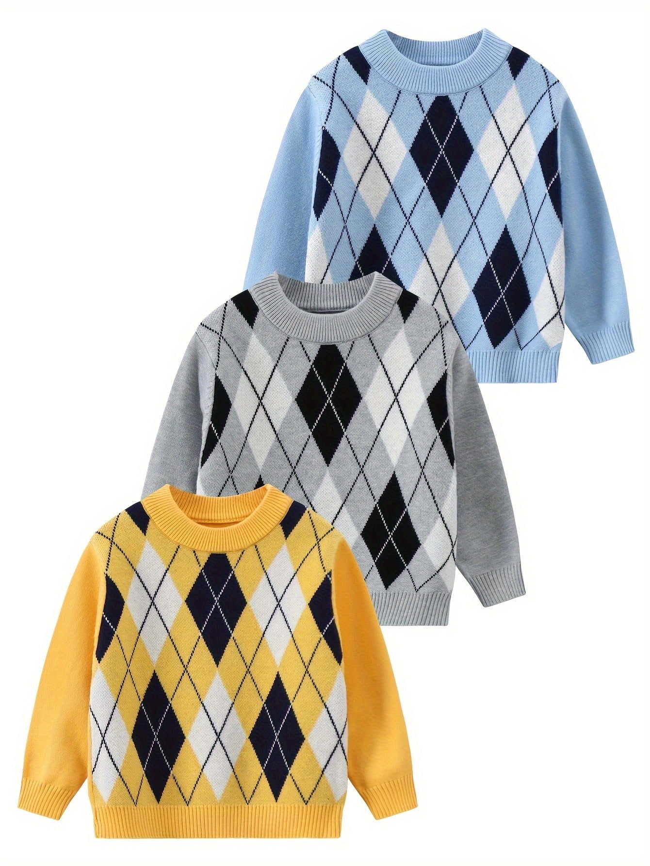 Fdqin Boys Sweater 3pcs Kids Pullover Knit Crewneck Plaid Shirt Fall ...