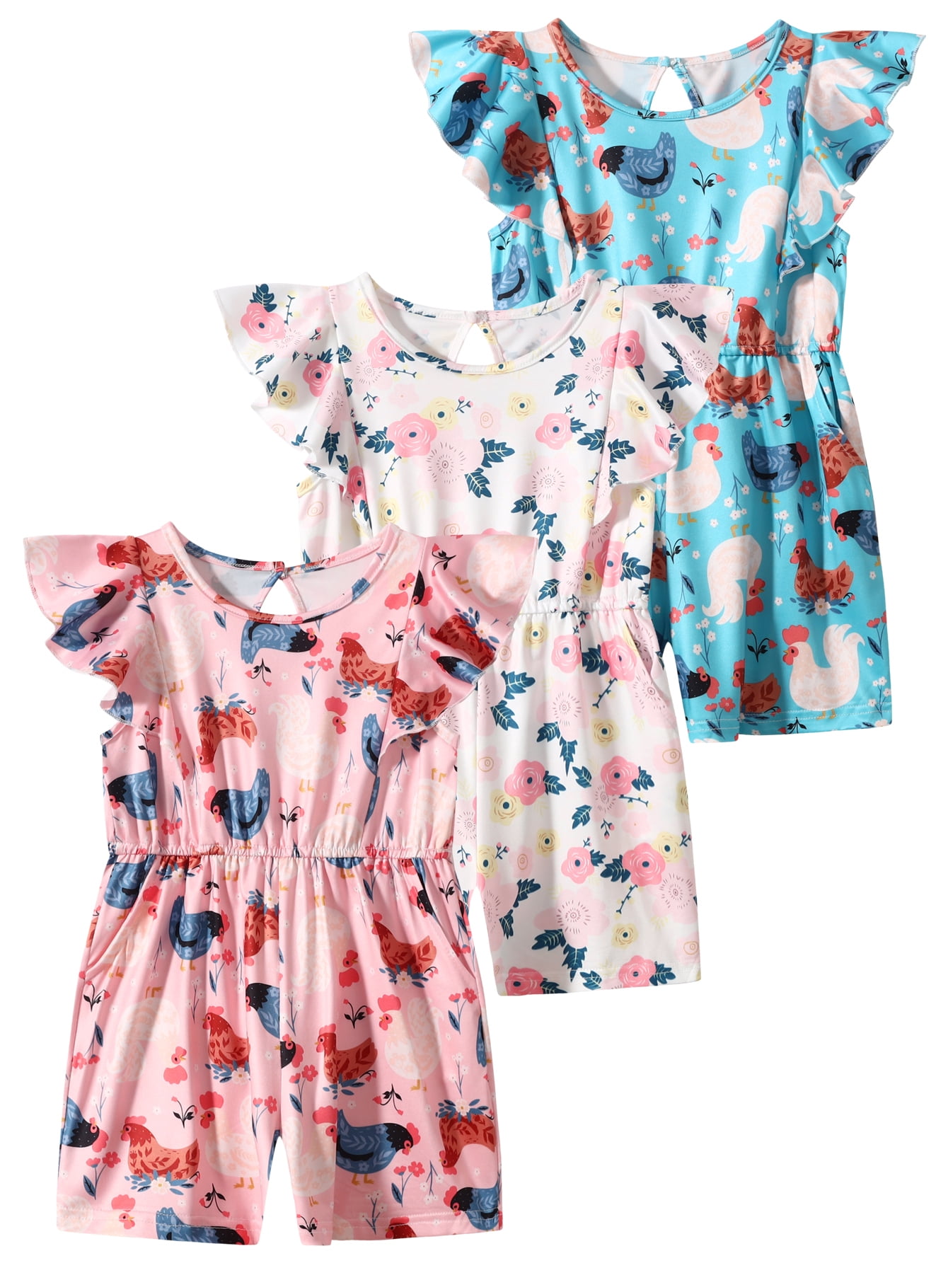 Fdqin Girls Rompers 3 Pcs Floral Print Ruffle Sleeveless Cute Overall ...