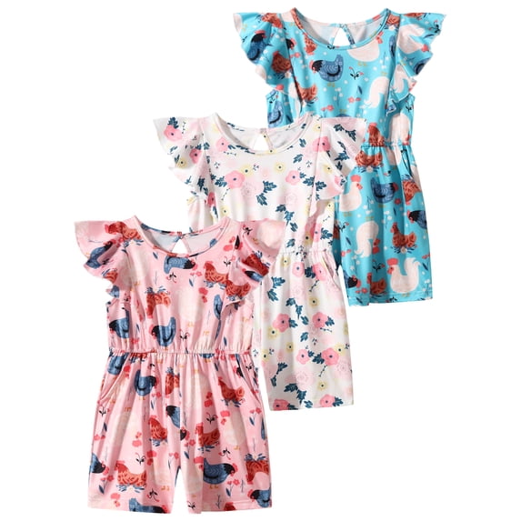 Fdqin Girls Rompers 3 Pcs Floral Print Ruffle Sleeveless Cute Overall ...