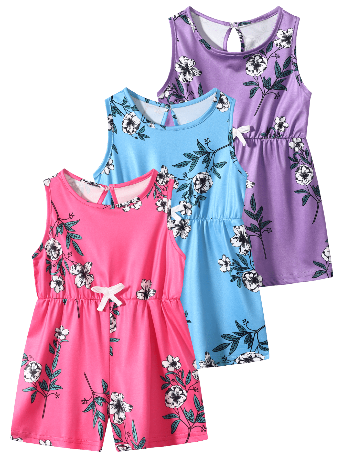Fdqin Girls Rompers 3 Pcs Floral Print Sleeveless Cute Overall Causal ...