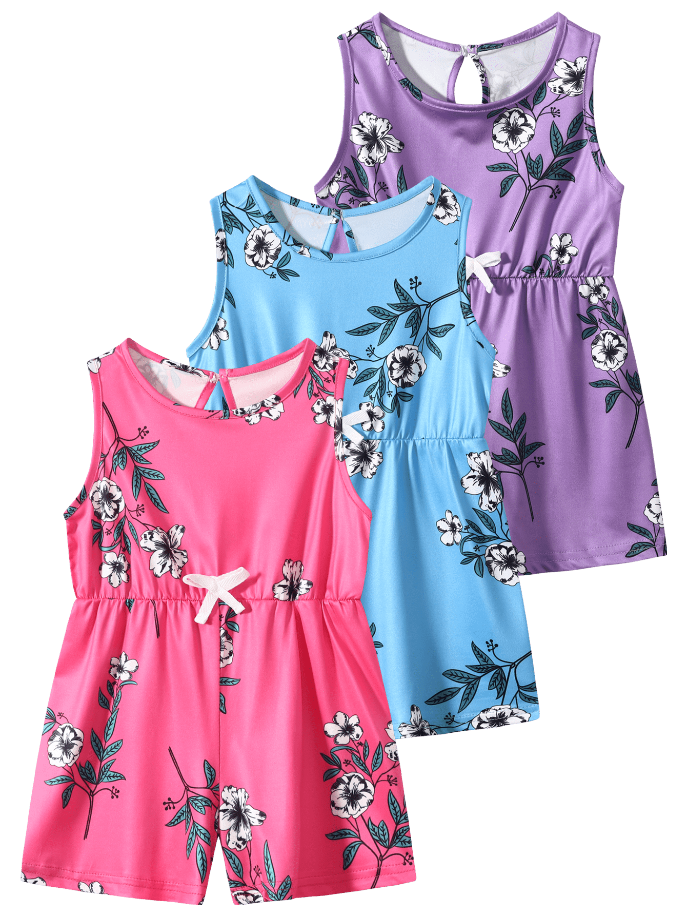 Fdqin Girls Rompers 3 Pcs Floral Print Sleeveless Cute Overall Causal ...