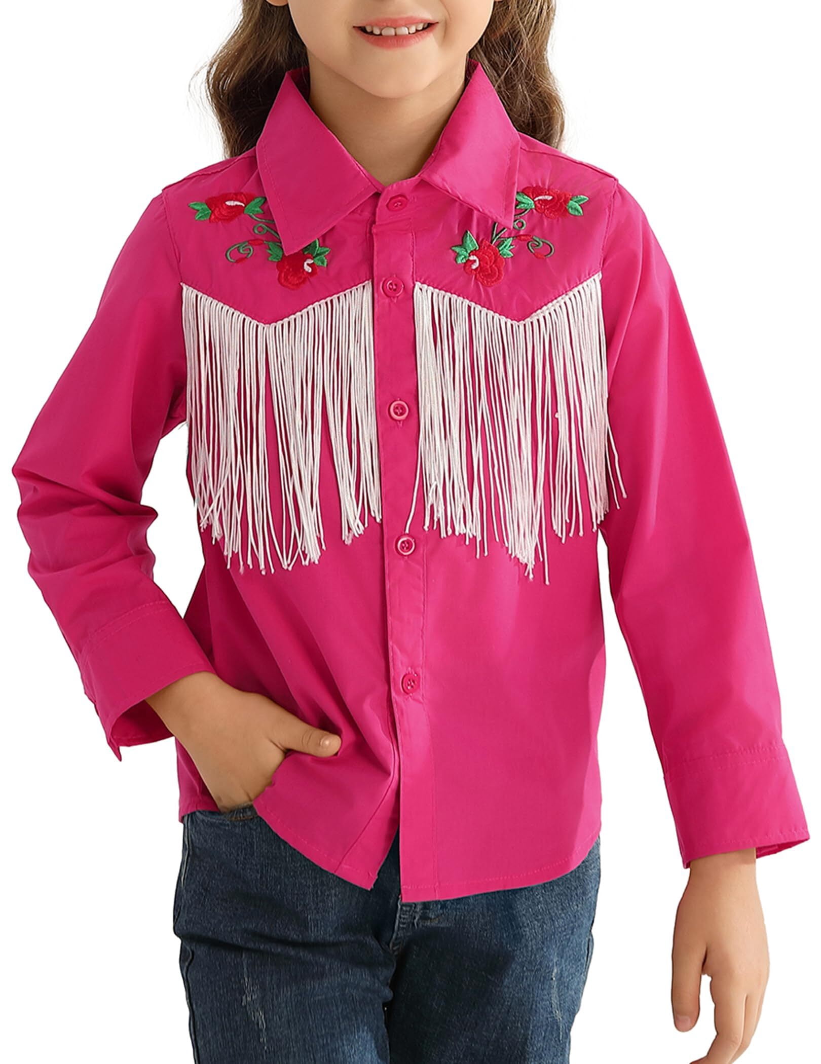 Fdqin Girls Western Shirt Floral Embroidered Cowgirl Shirts for Girls ...
