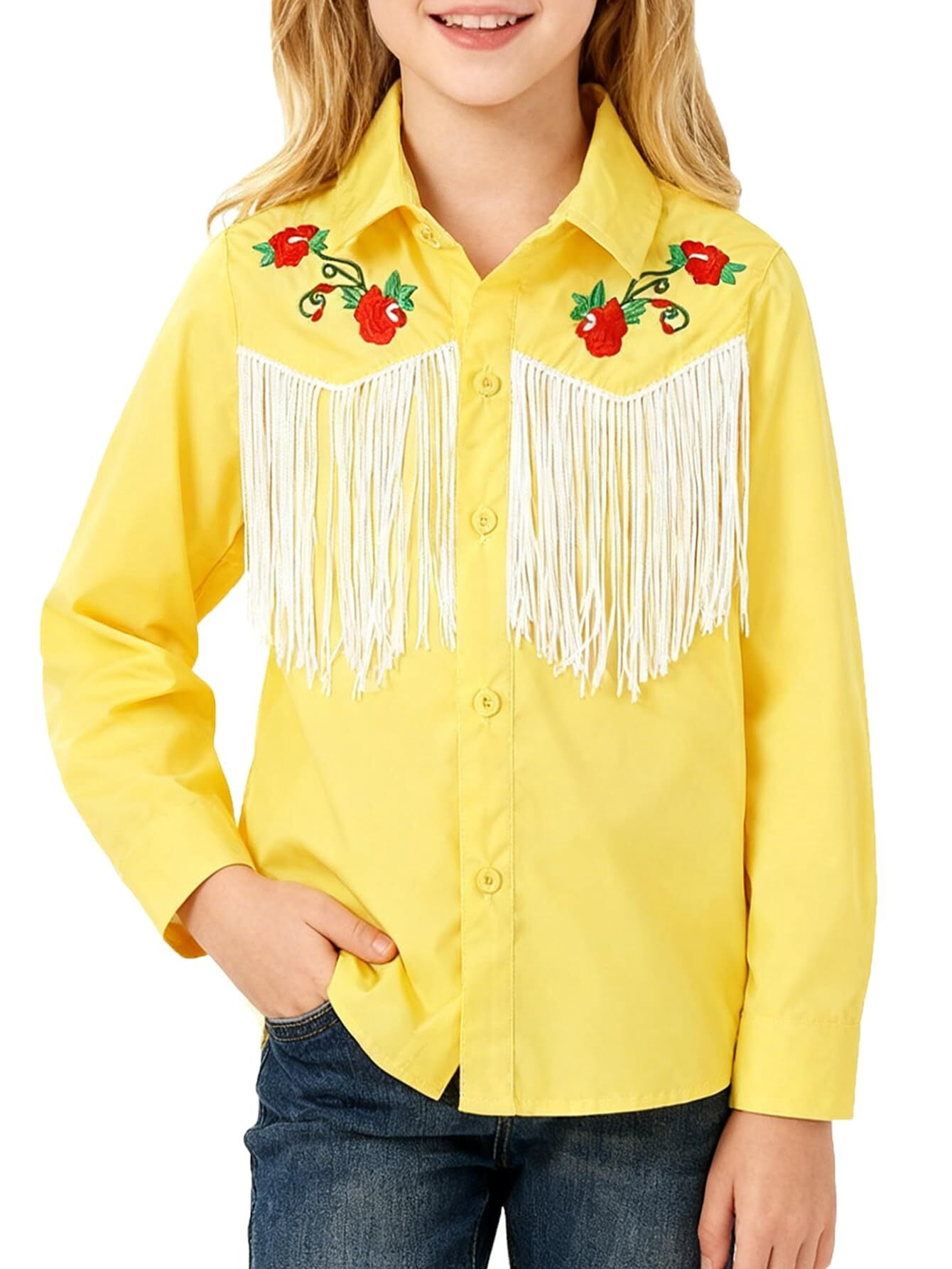 Fdqin Girls Western Shirt Floral Embroidered Cowgirl Shirts for Girls ...