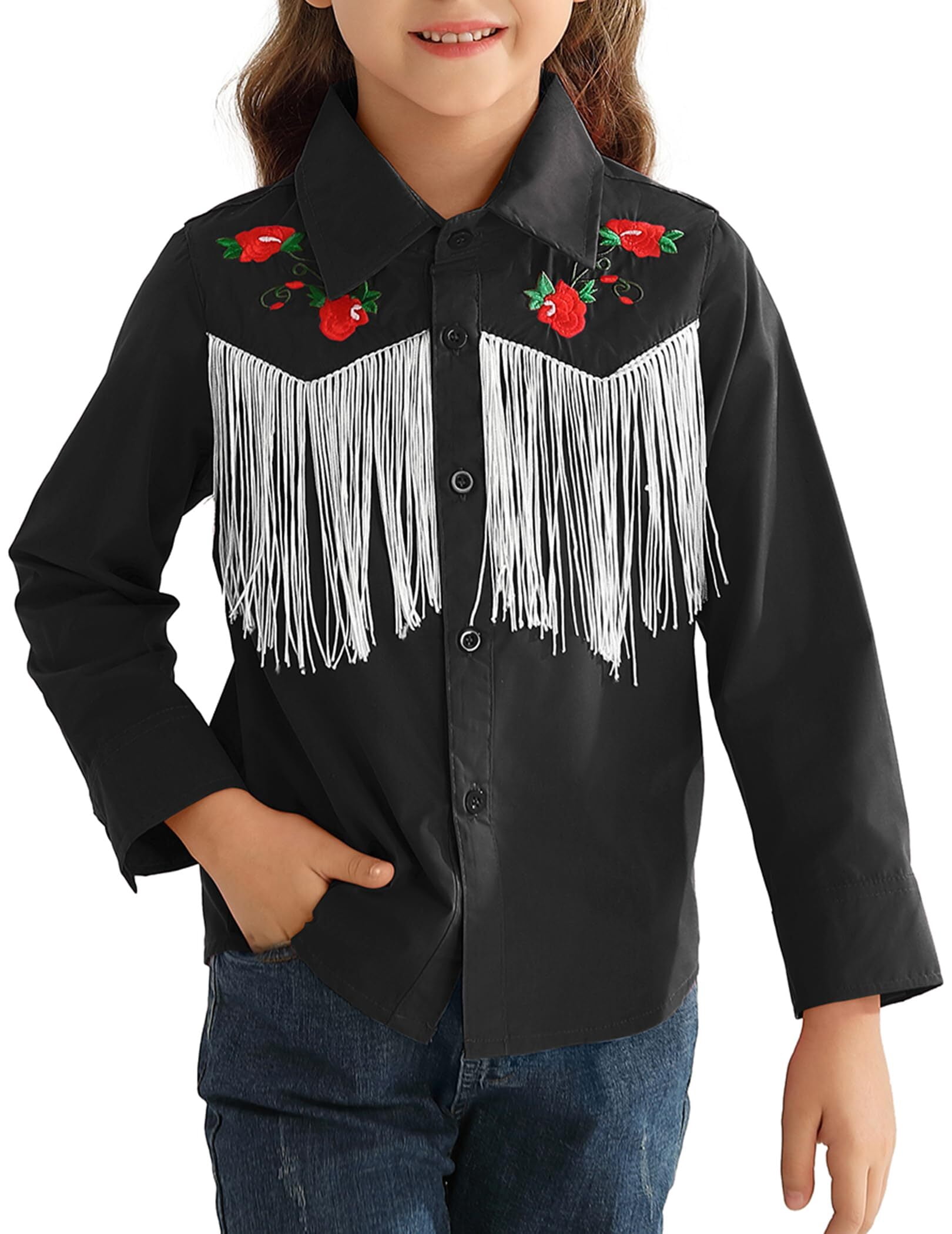 Fdqin Girls Western Shirt Floral Embroidered Cowgirl Shirts for Girls ...