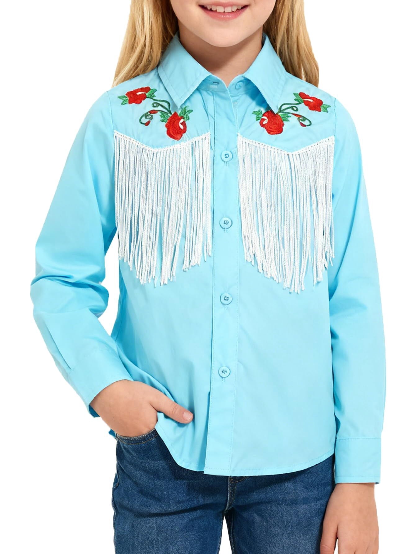 Fdqin Girls Western Shirt Floral Embroidered Cowgirl Shirts for Girls ...