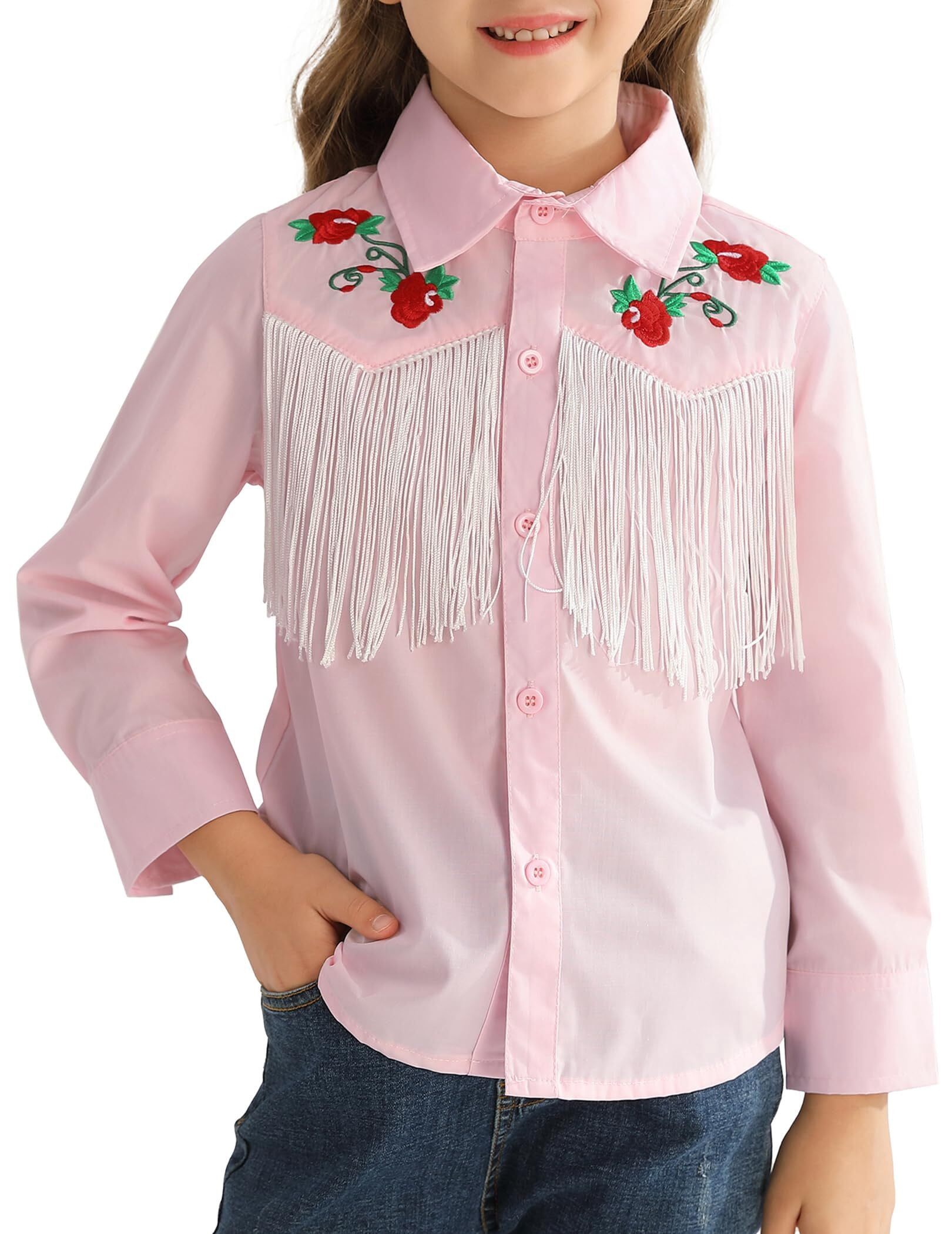 Fdqin Girls Western Shirt Floral Embroidered Cowgirl Shirts for Girls ...