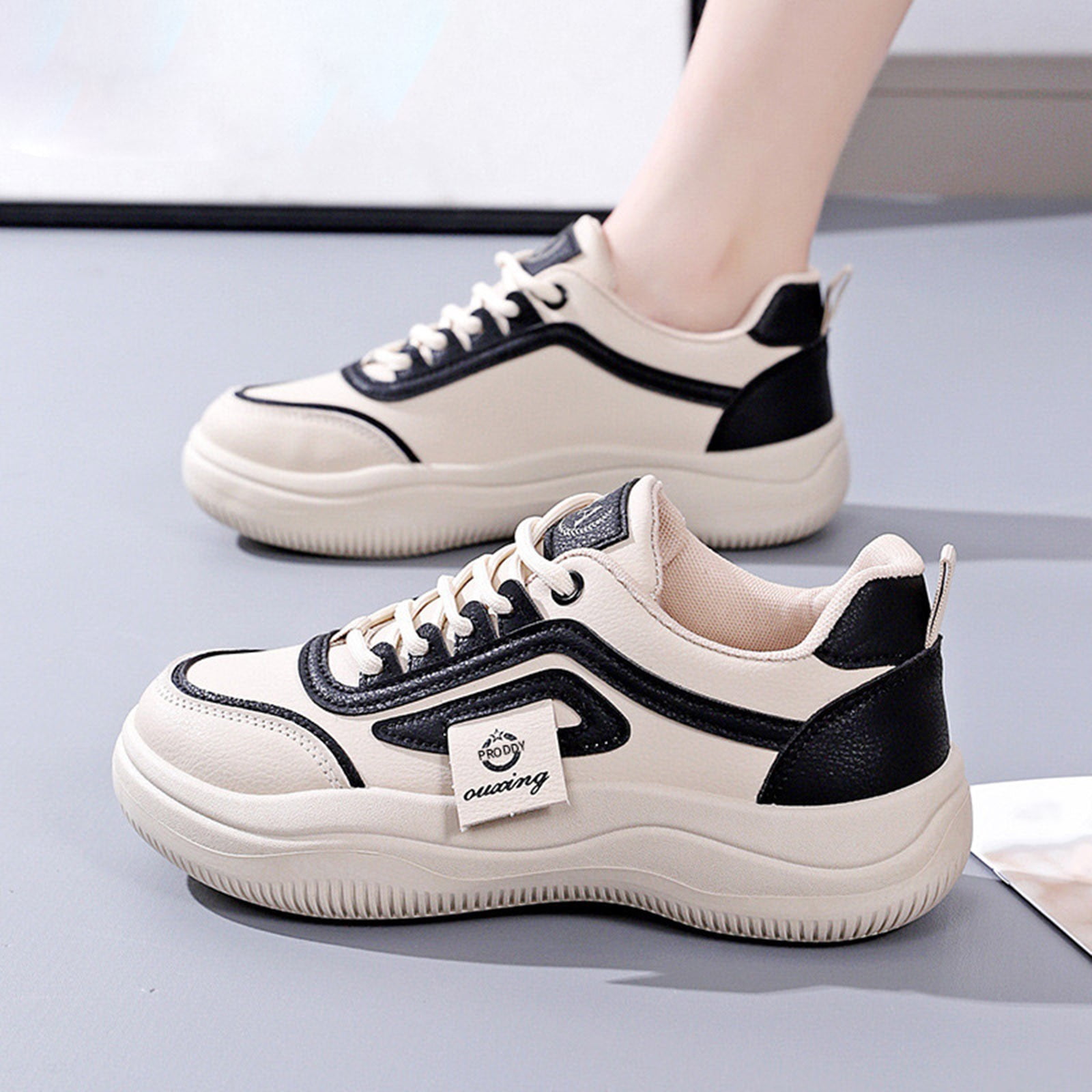 Fdrone Women's Chunky Platform Sneakers Leather Surface Soft Sole Non ...