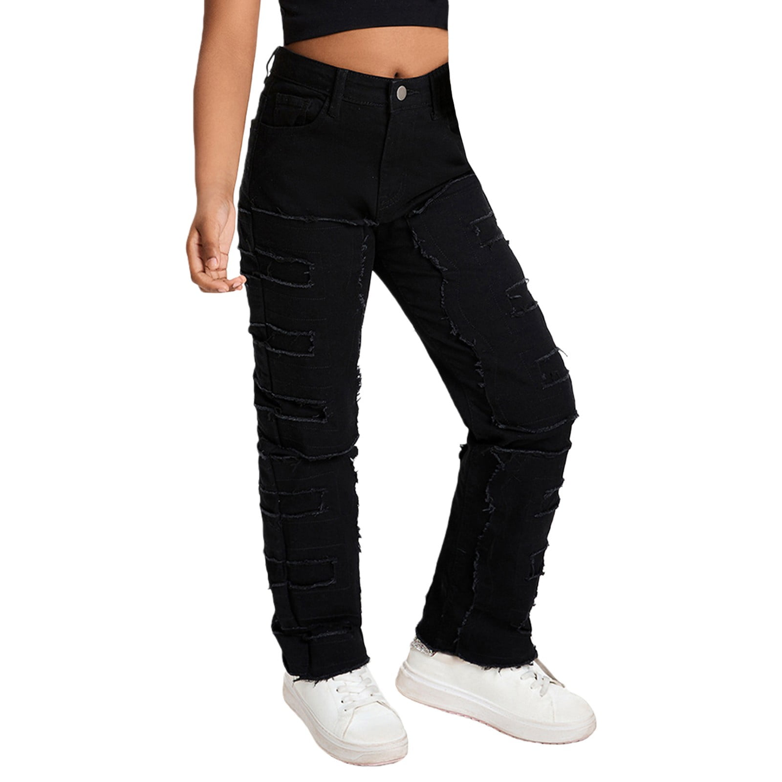 Fdronsted High Waisted Straight Leg Slim Fit Raw Hem Patchwork Skinny ...
