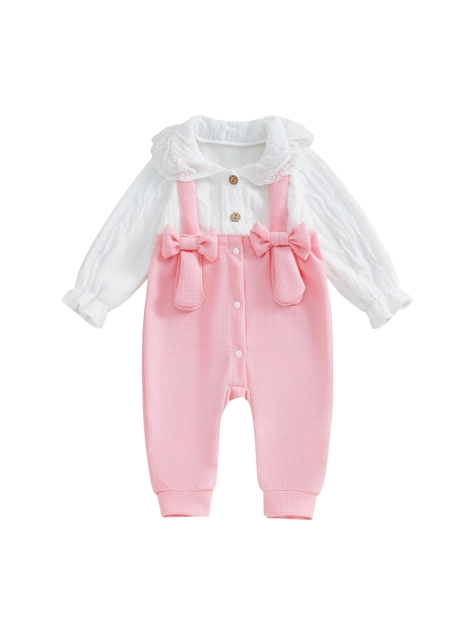 FeMereina Baby Girl Fake Two-Piece Romper Bow Ruffle Sleeve Waffle ...