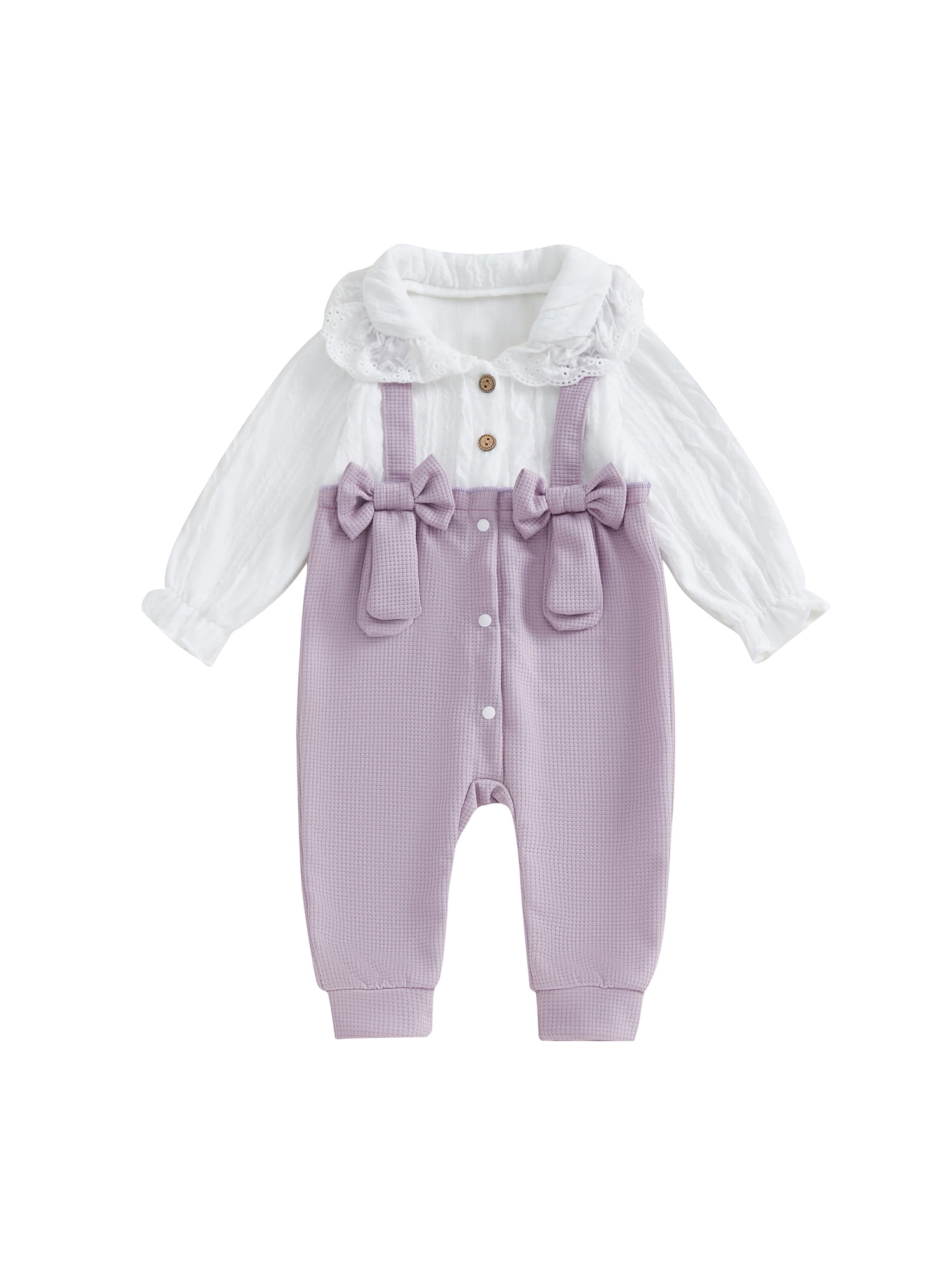 FeMereina Baby Girl Fake Two-Piece Romper Bow Ruffle Sleeve Waffle ...