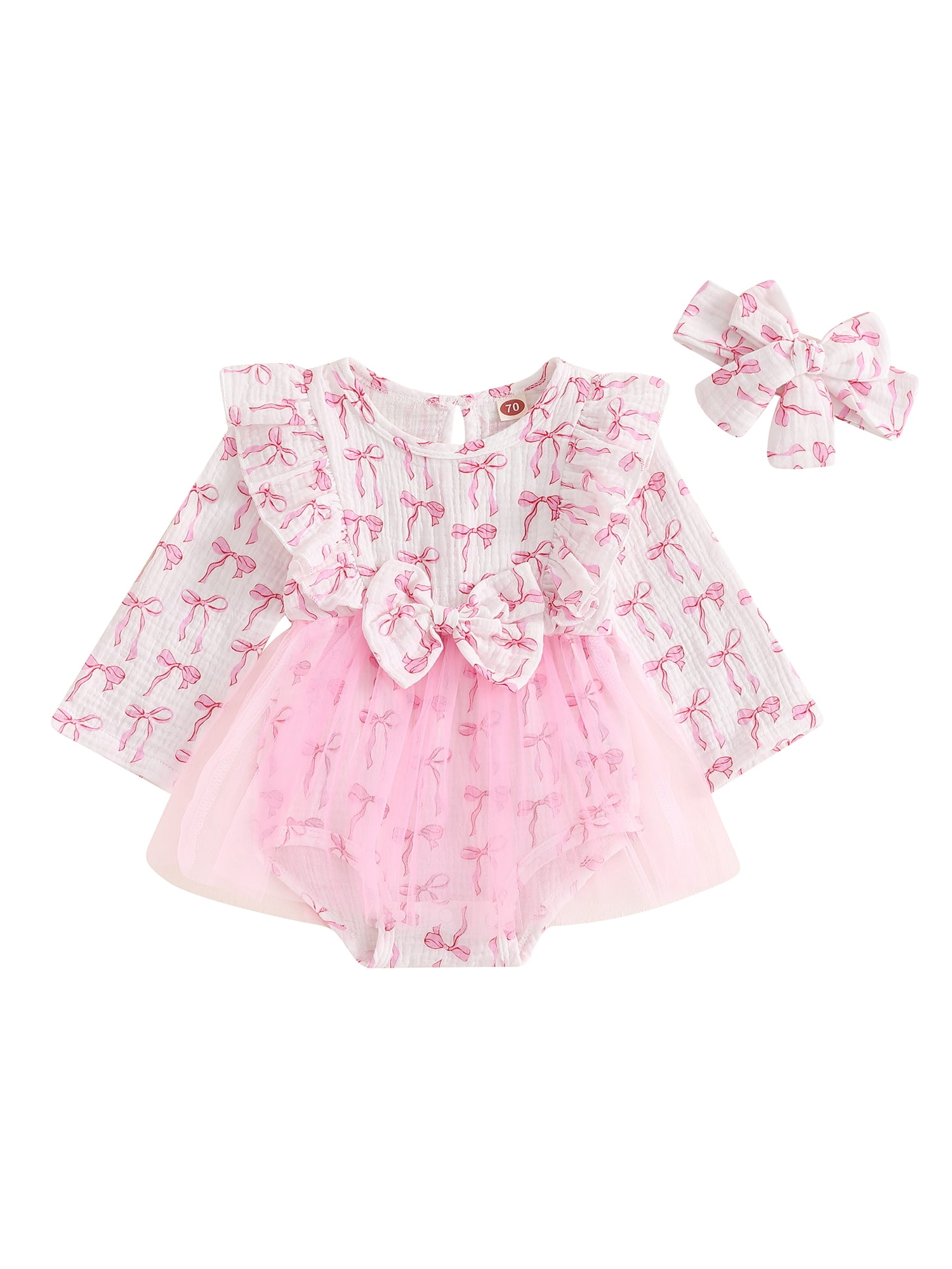 FeMereina Baby Girl Fall Romper Dress Bow Print Long Sleeve Jumpsuit Headband - Walmart.com