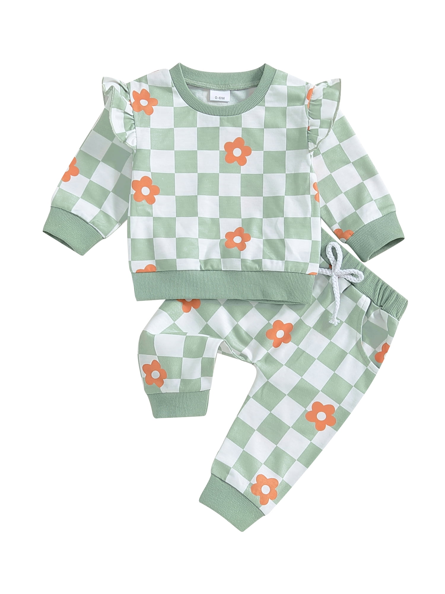 FeMereina Baby Girls 2Pcs Fall Outfits Long Sleeve Checkerboard Floral Print Sweatshirt + Pants ...