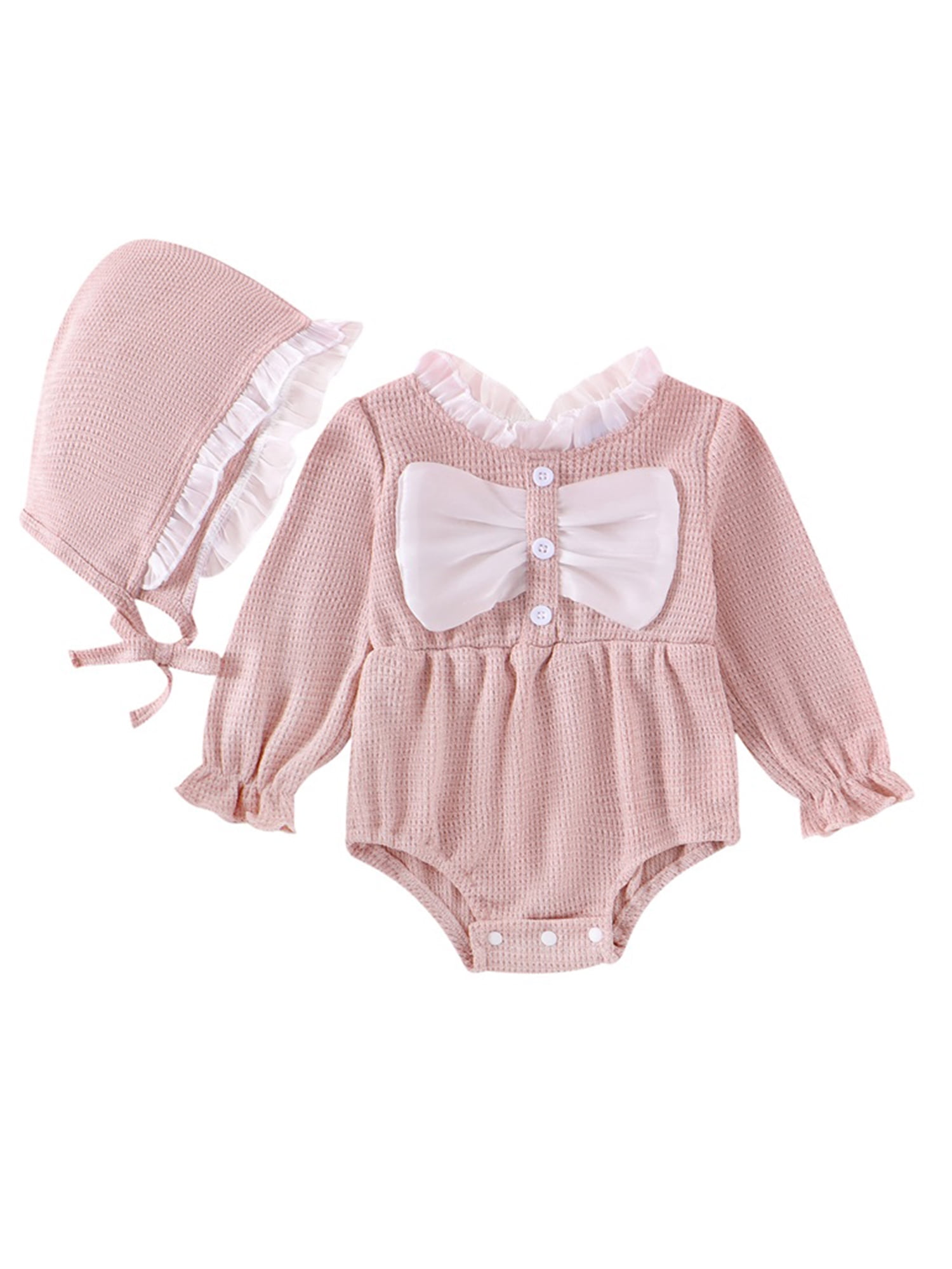 FeMereina Baby Girls Rompers Bowknot Buttons Long Sleeve Toddler Bodysuits Fall Clothes with Hat ...
