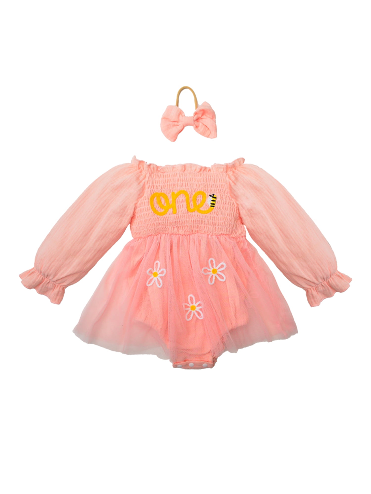 FeMereina Girl Romper Letter Embroidery Long Sleeve Smocked Jumpsuit Headband - Walmart.com