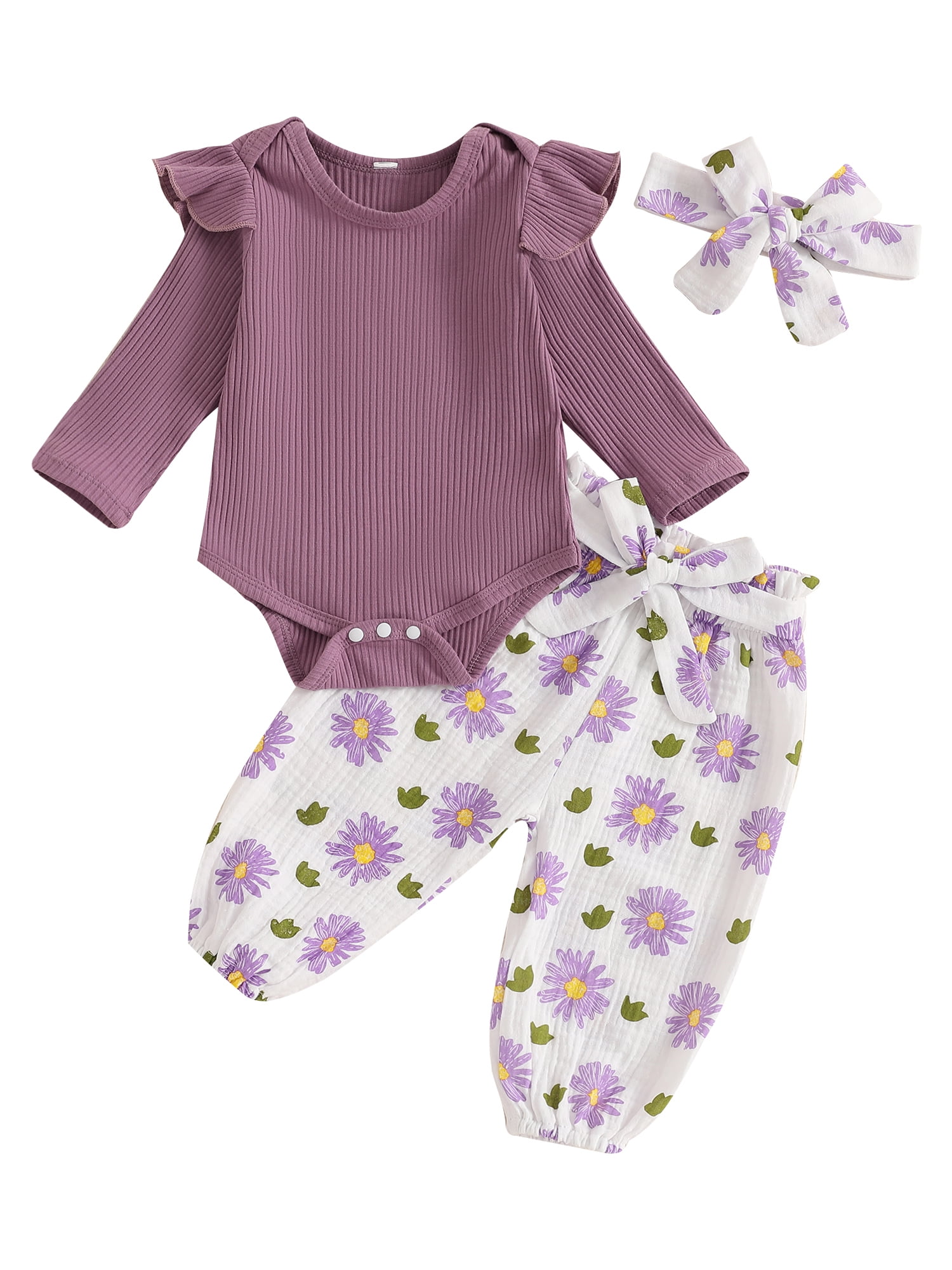 FeMereina Infant Baby Girls Fall Outfit, Long Sleeve Romper with Flower Print Pants and Headband ...