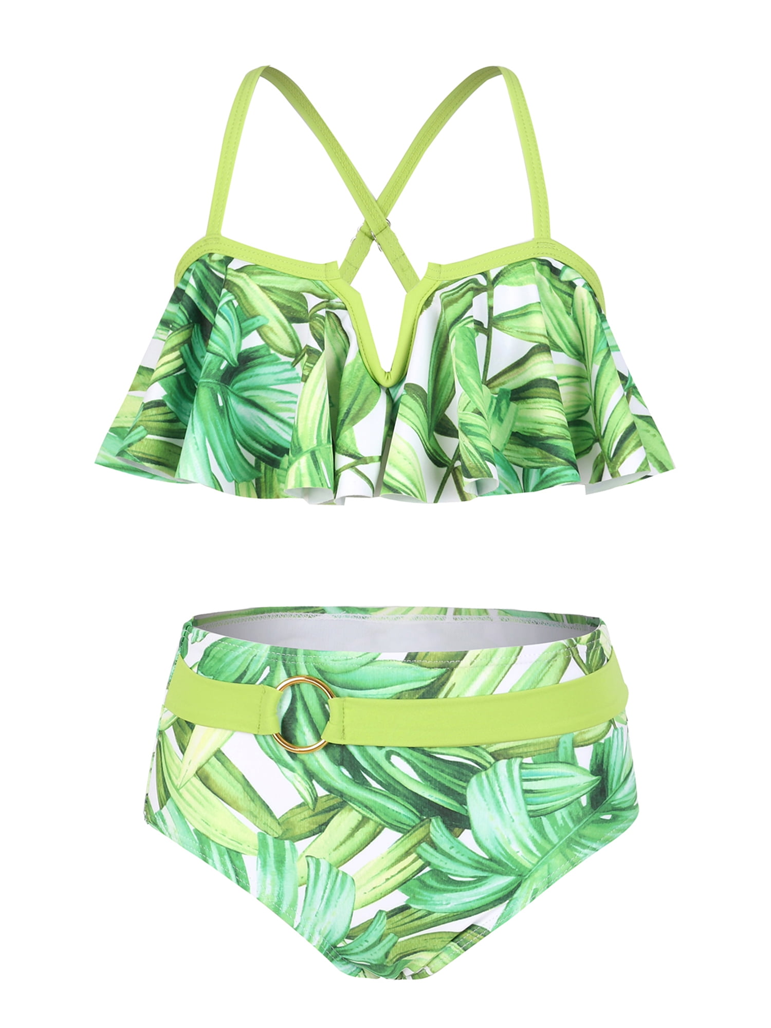 Femereina Mommy And Me Swimsuit Contrast Color Leaves Print Ruffled Bra Briefs