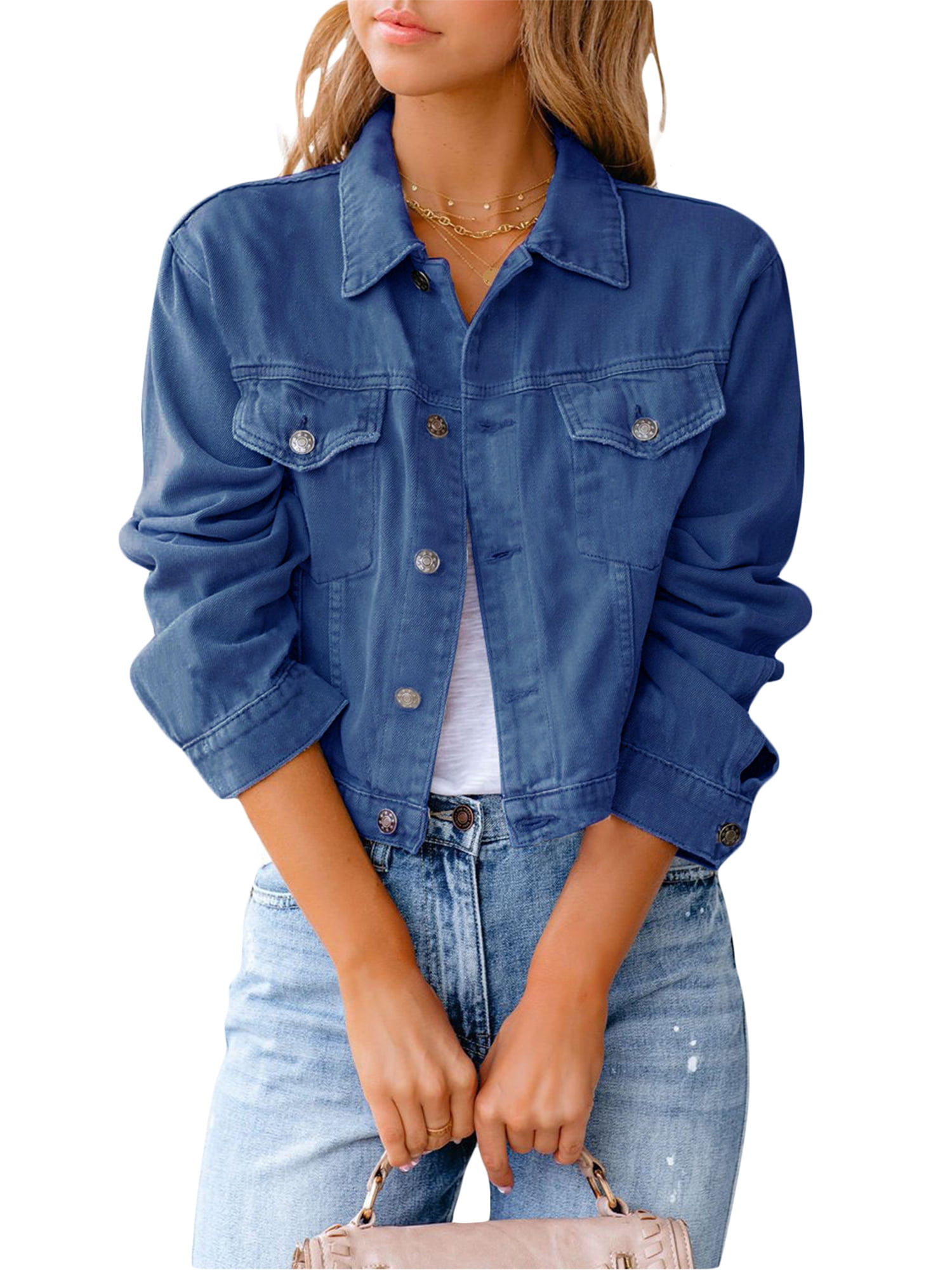 FeMereina Women's Loose Denim Jacket Long Sleeve Button Down Jean ...