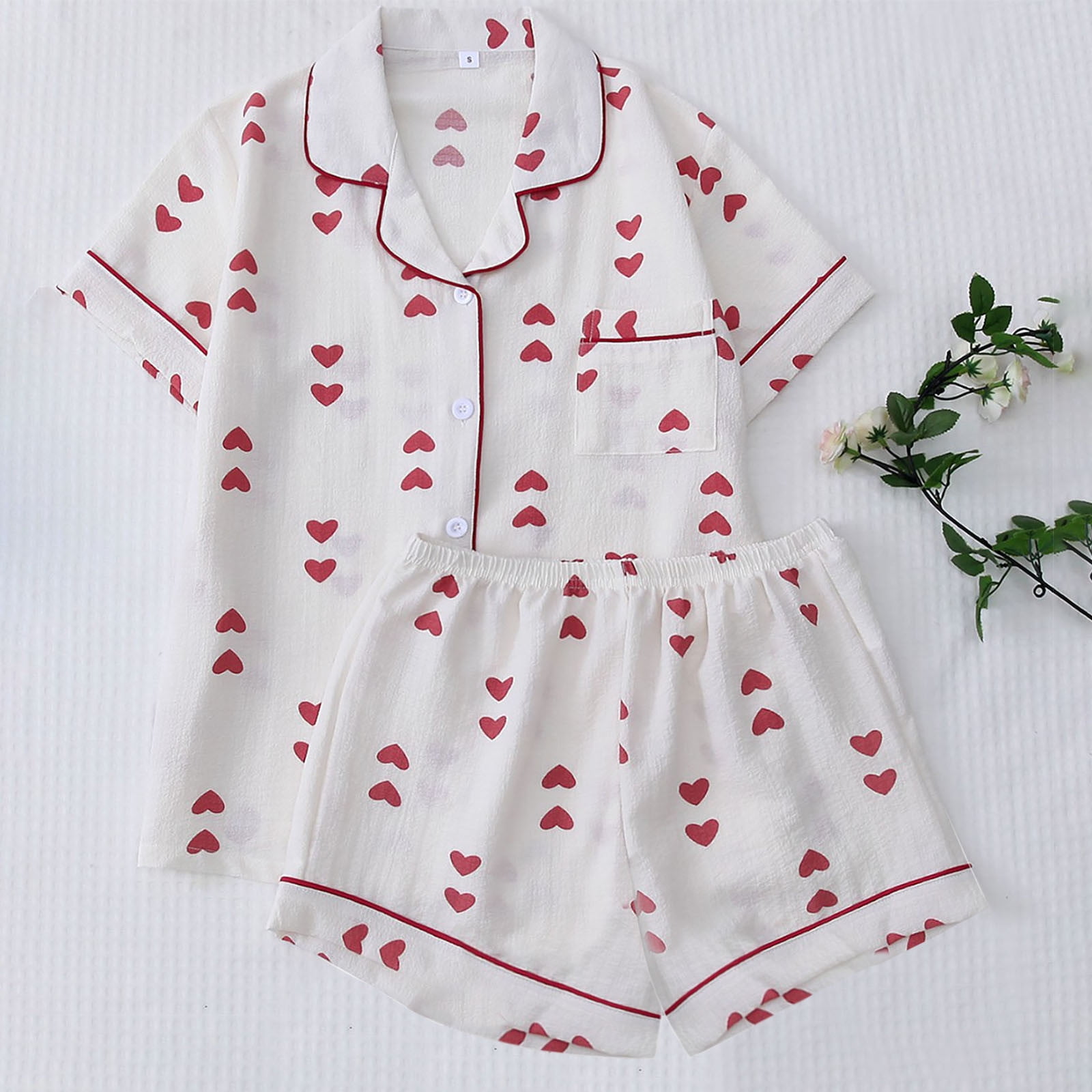 Feancey 2 Piece Button Down Pj Set for Women Cute Heart Print Pajama ...