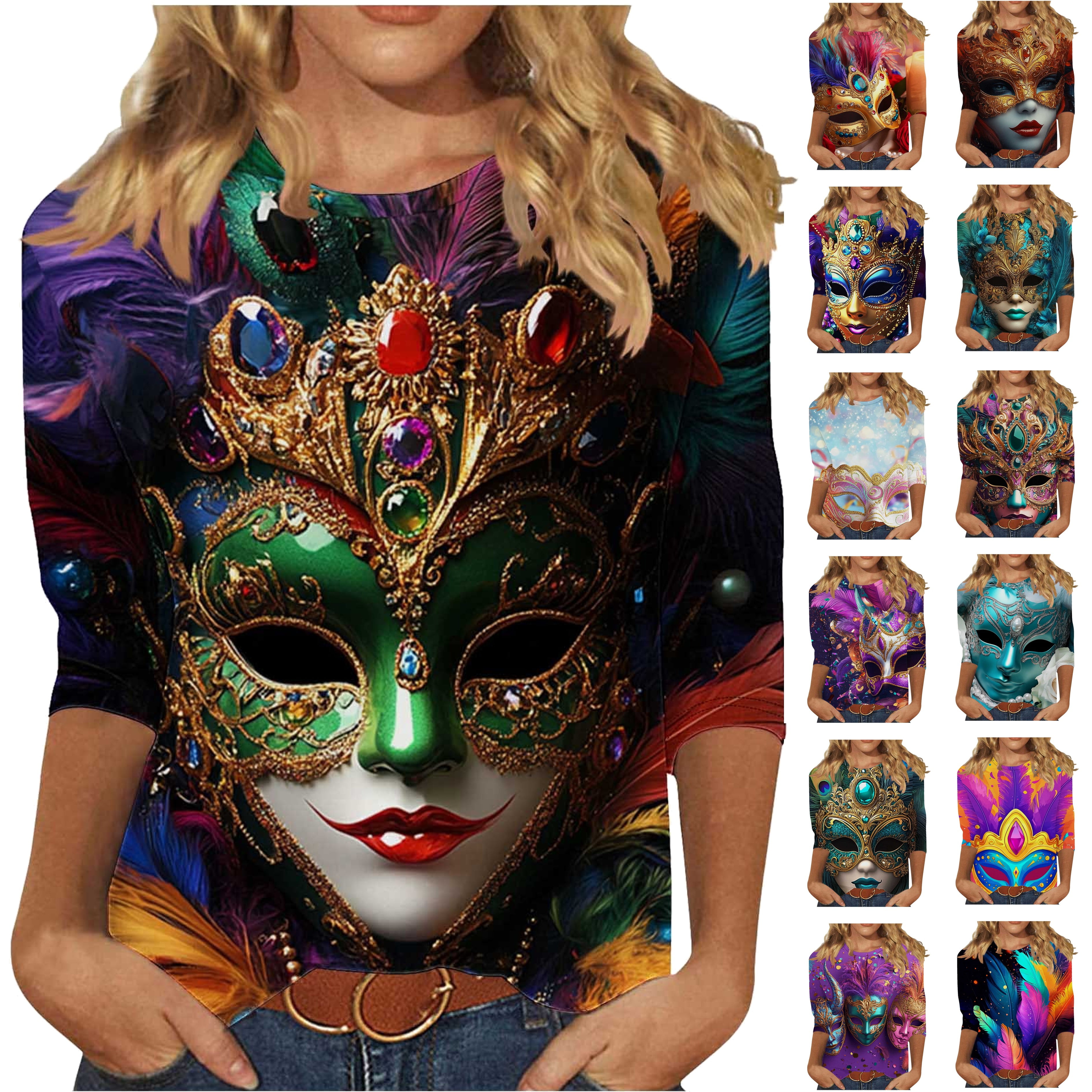 Feancey 3/4 Sleeve Carnival T-Shirts for Women Mardi Gras Plus Size Tops Fancy Mask Printed New ...