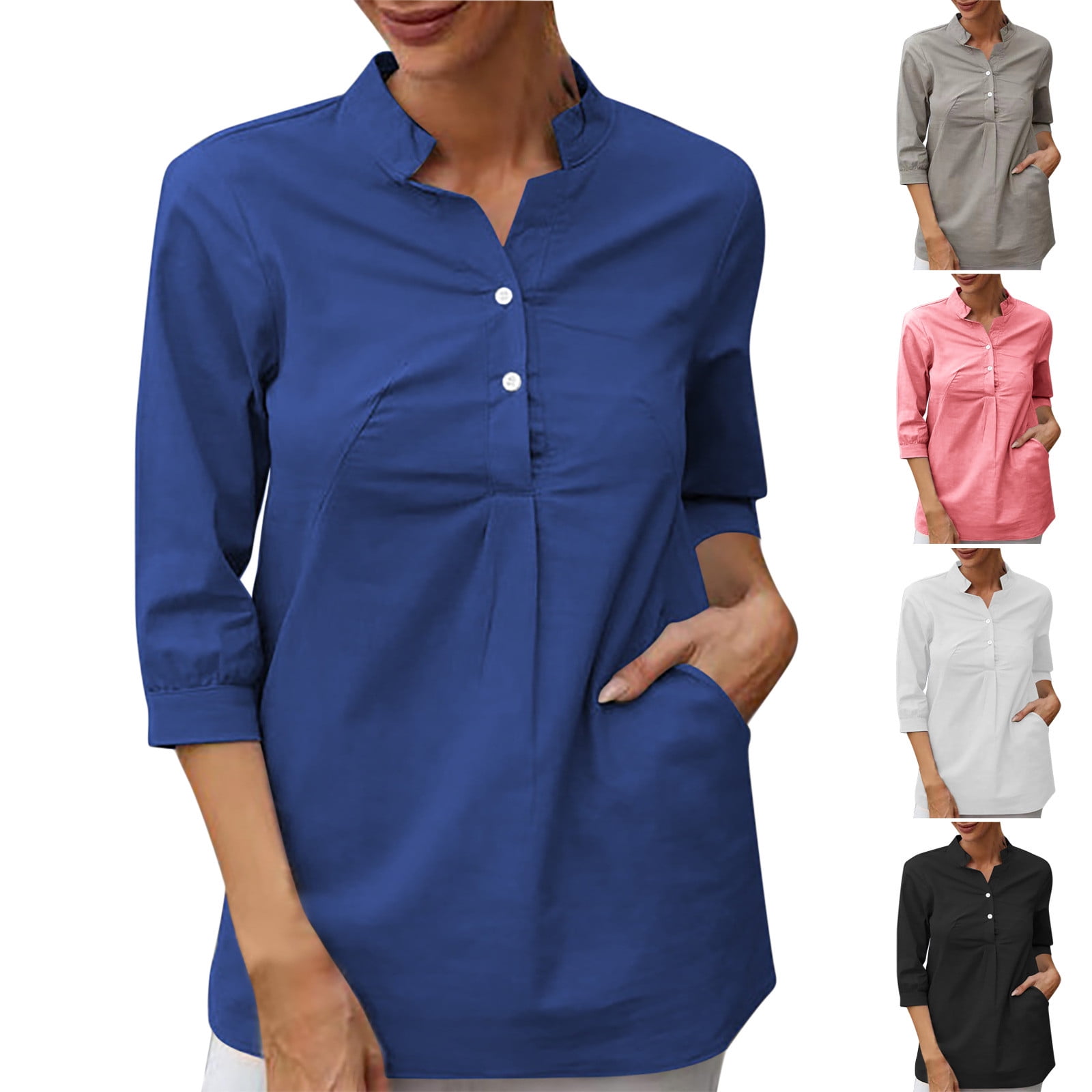 Feancey 3/4 Sleeve Linen Tops for Women Solid Button V Neck Henley ...