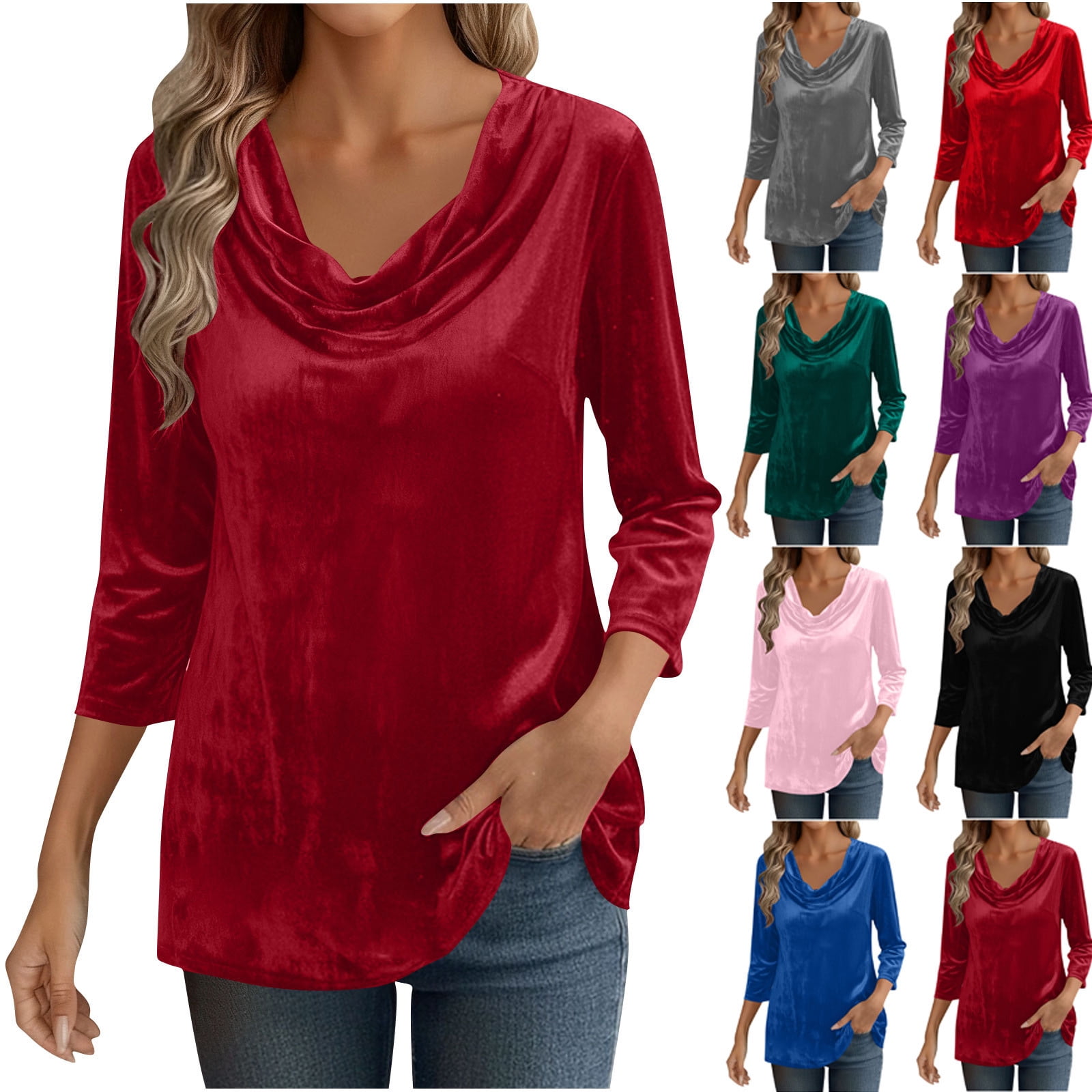 Feancey 3/4 Sleeve Velvet Tops for Women Cowl Neck Casual Party Blouses ...