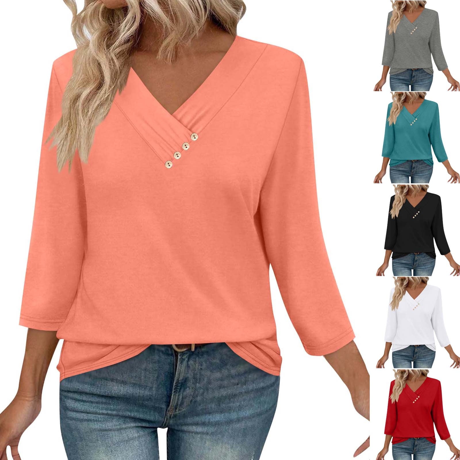Feancey 3/4 Sleeve Womens Tops Casual V Neck Button Blouse 2025 Dressy ...